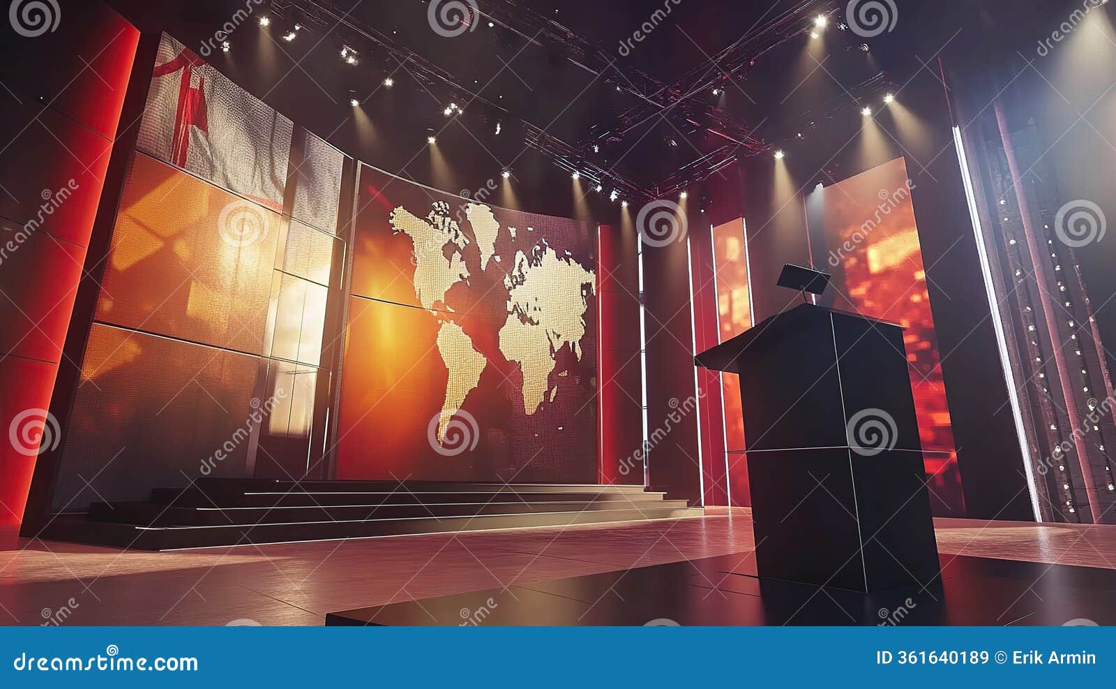 Global News Studio, Lectern, World Map Backdrop, Broadcast Stock Image ...