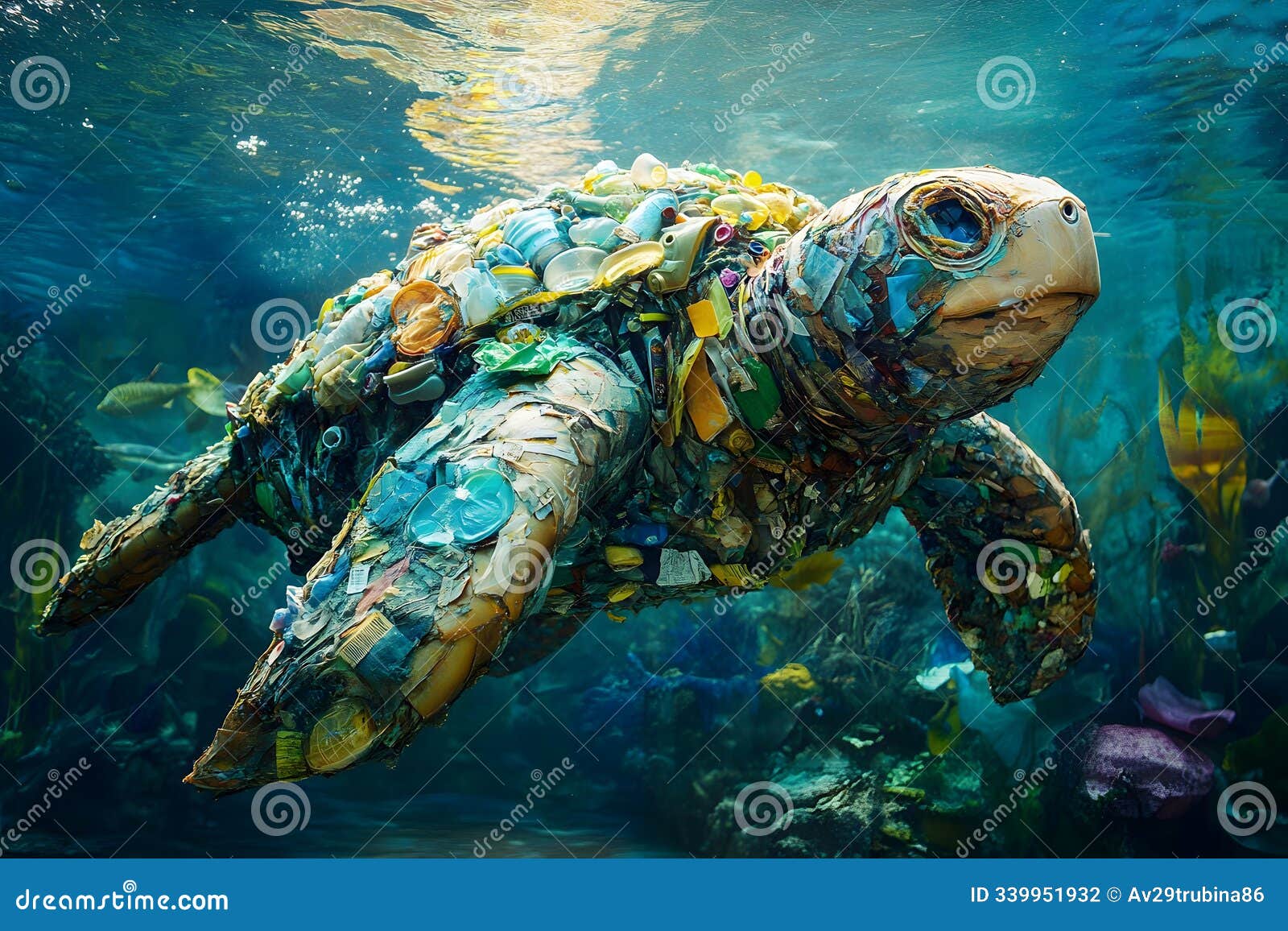Global Ocean Pollution, Turtle in Plastic Garbage Stock Illustration ...