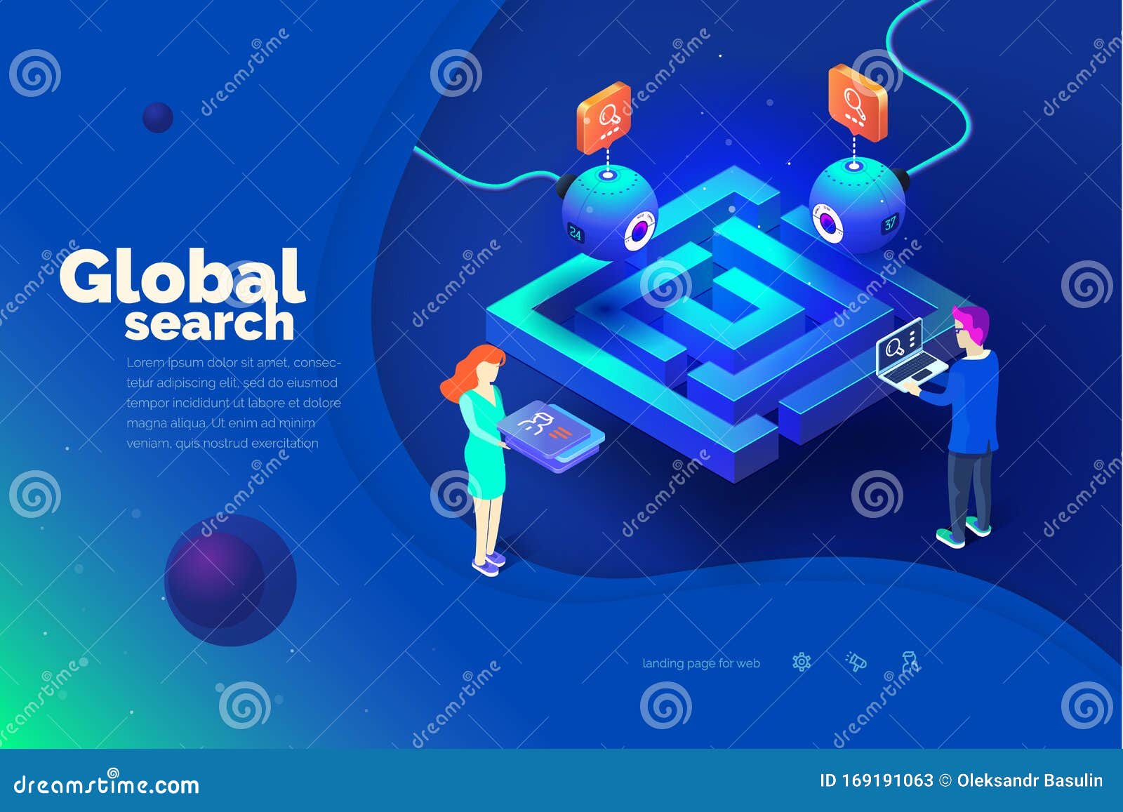 Global Search. a Man with a Laptop Interacts with a Global Tracking ...