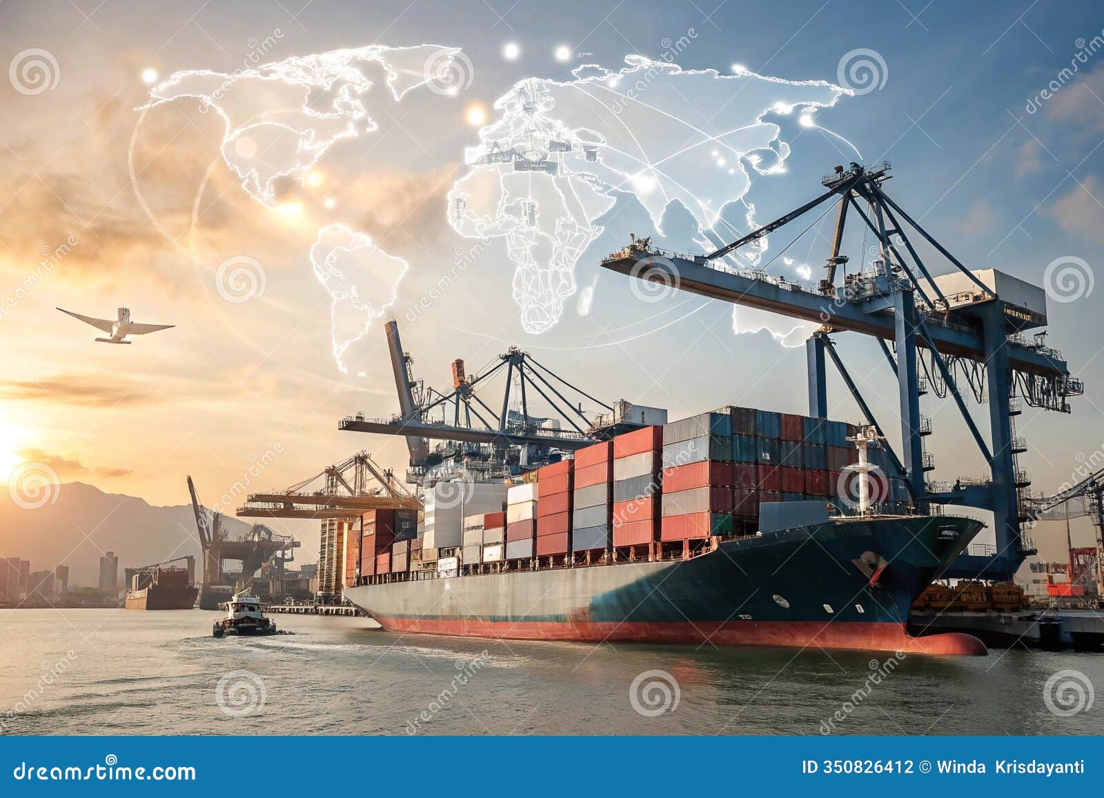 Global Shipping, Cargo Ship at Sunset, World Map Stock Illustration - Illustration of industry ...