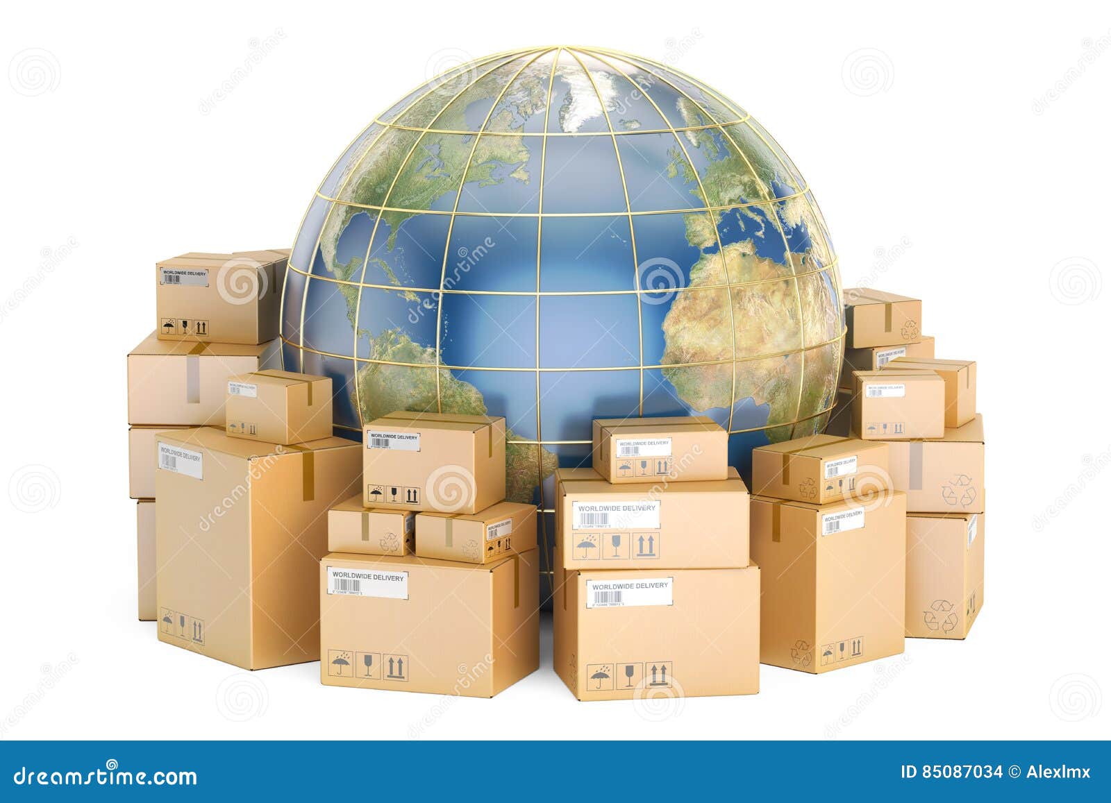 Global Shipping and Delivery Concept, Parcels with Earth. 3D Rendering ...