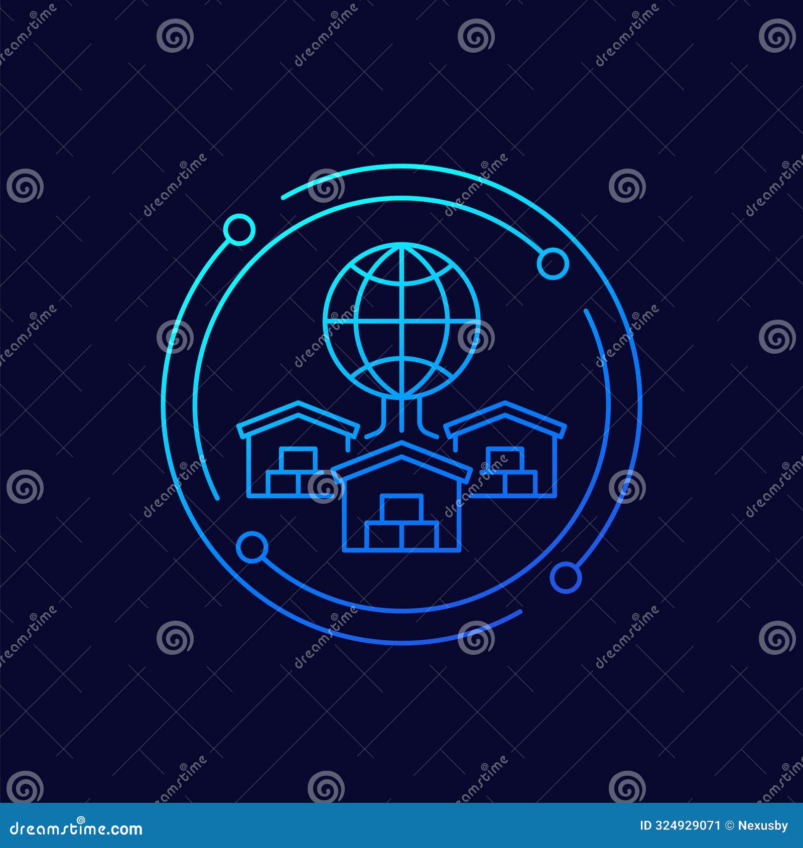 Global Sourcing Icon with Warehouses, Line Design Stock Illustration ...