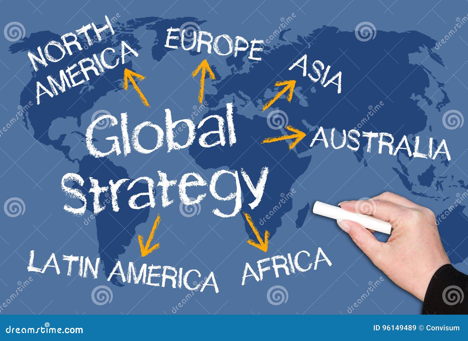 Global Strategy - Text with Arrows and World Map Stock Image - Image of ...