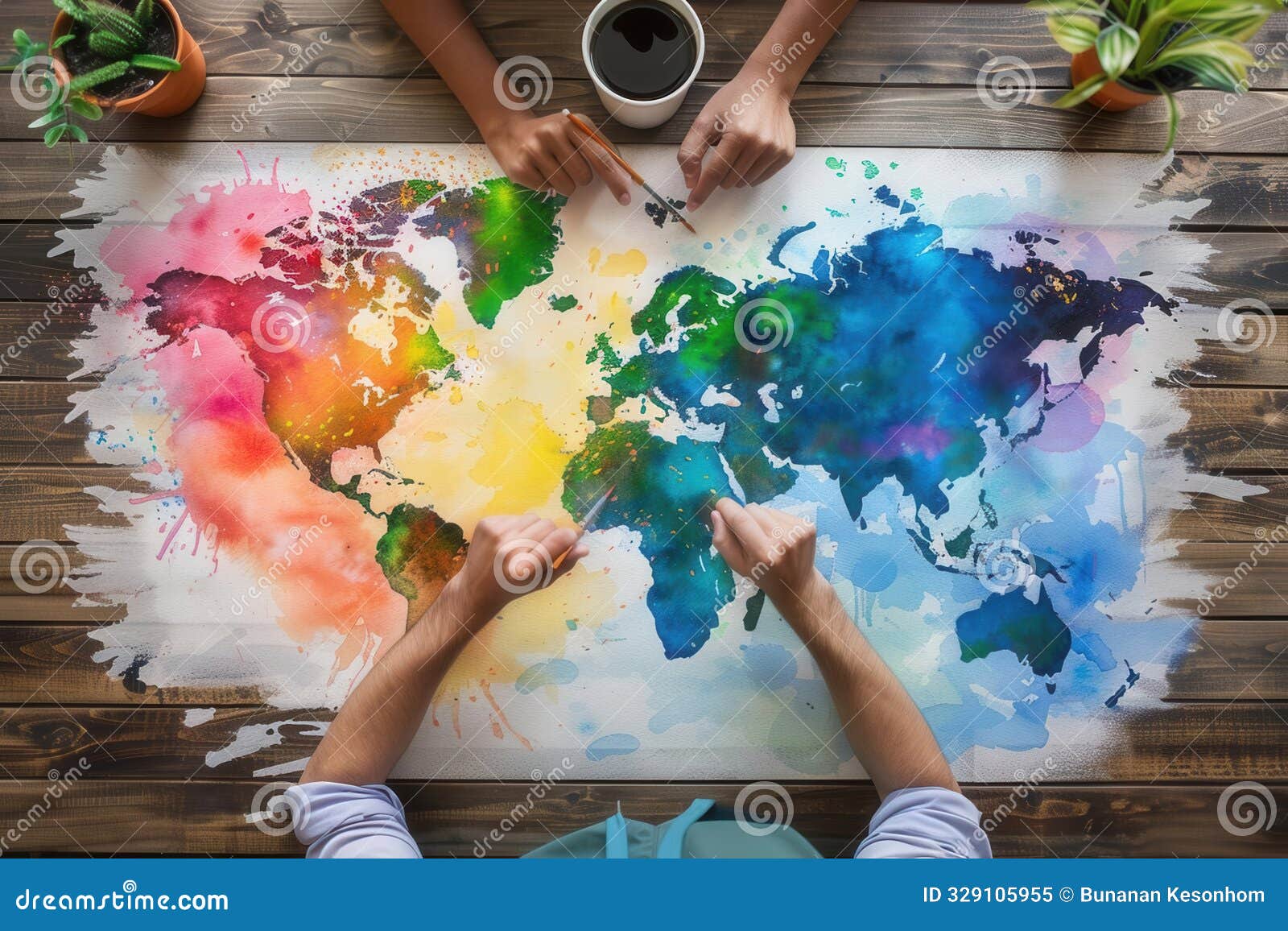 Global Team Collaborating on a Project with Watercolor World Map ...