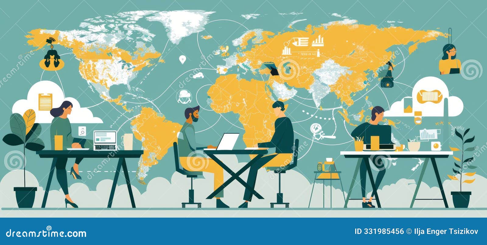 Global Teamwork Diverse Individuals Working Remotely, Connected by ...