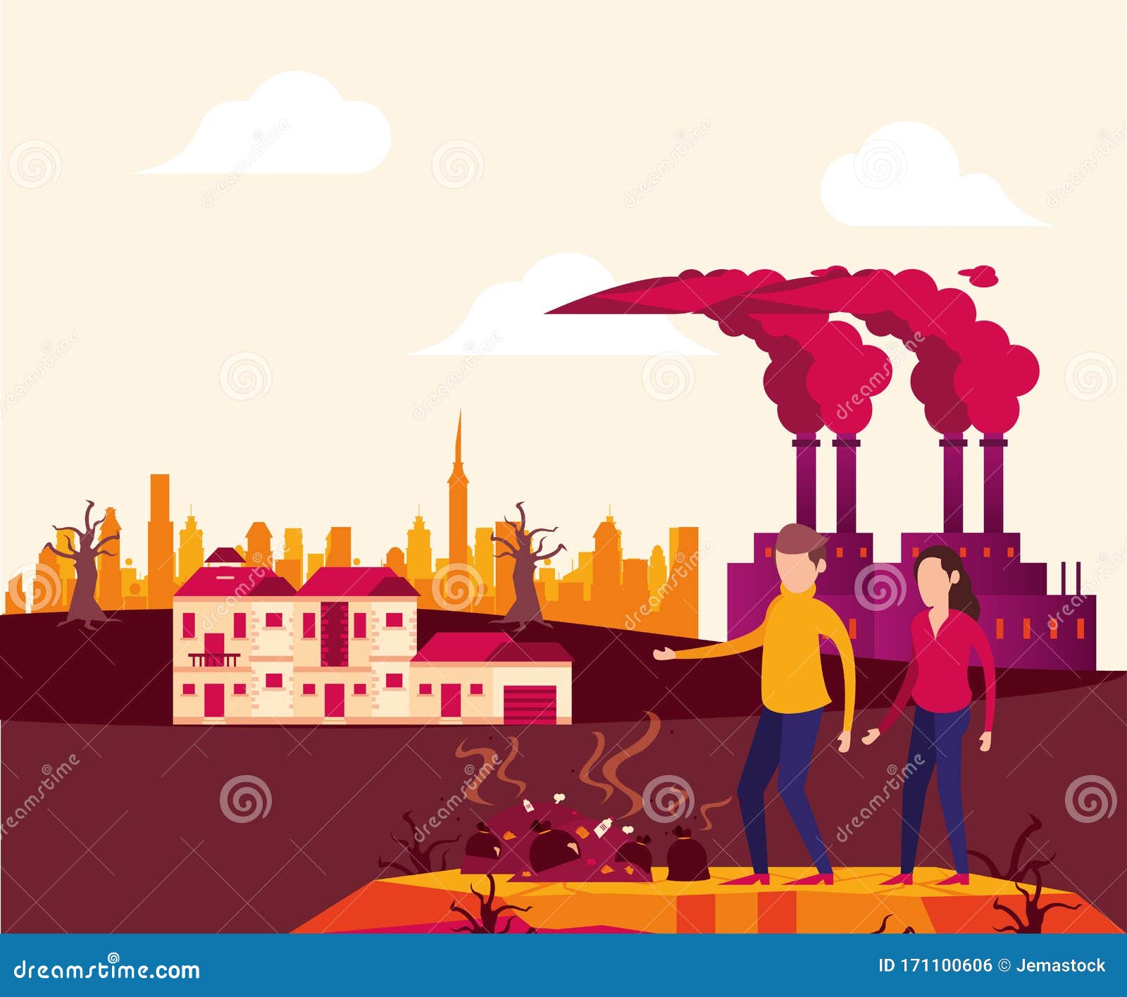 Air Polluting Factory, Industrial Landscape With Chimneys. Cartoon ...