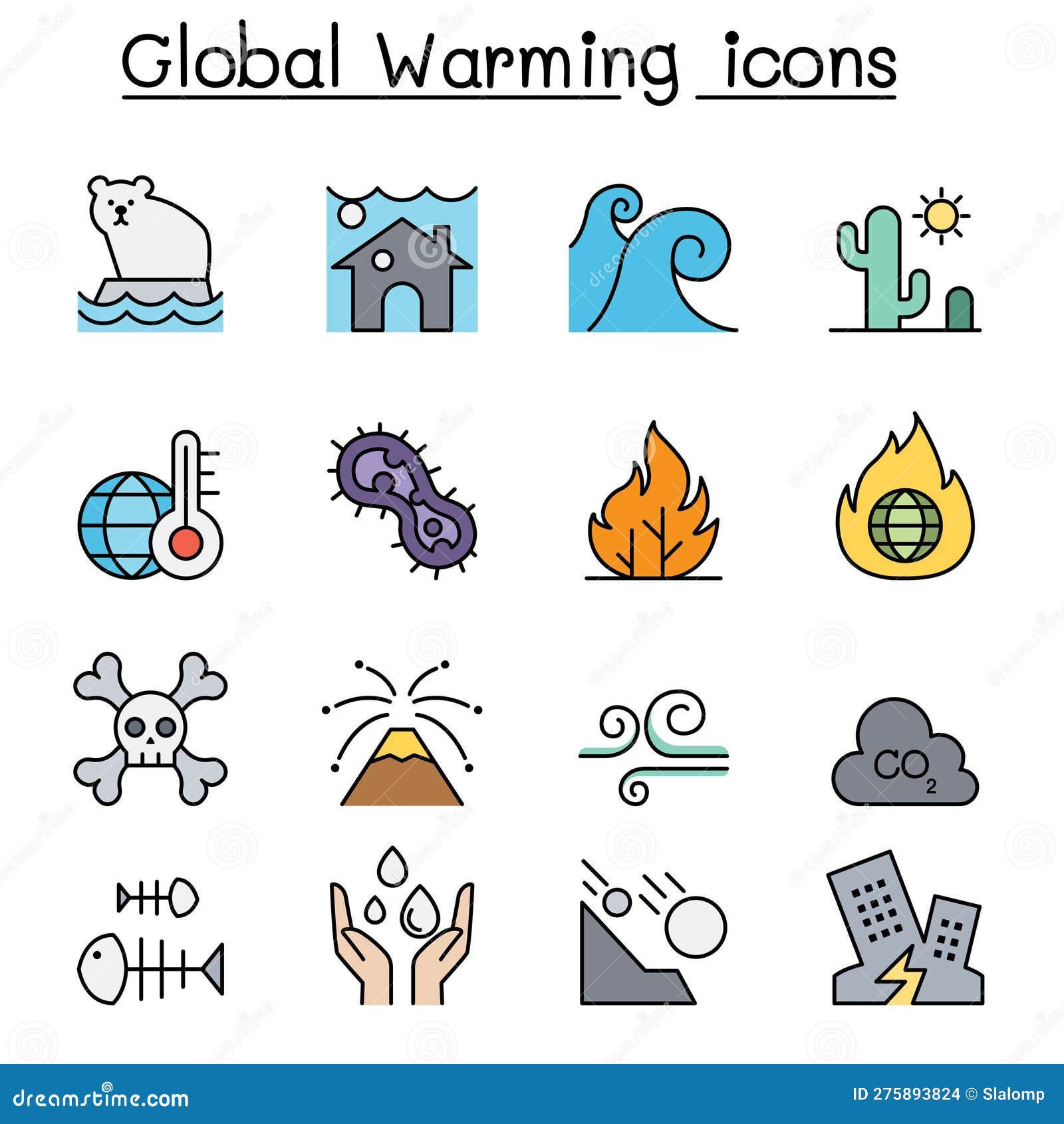 Global Warming, Disaster, Catastrophe Color Line Icon Set Vector ...