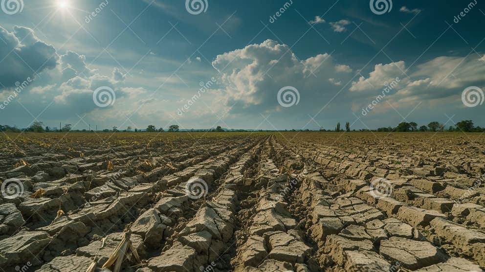 Global Warming a Farming Cracked Fields with Sun in the Sky Climate ...