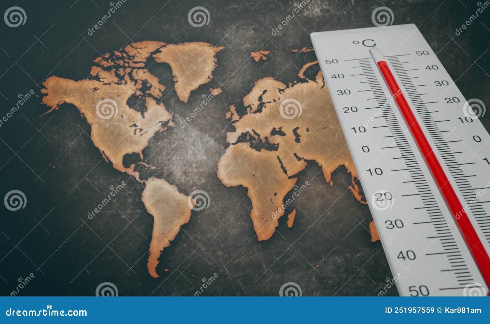 Global Warming, Heat Wave In The World, Thermometer In Front Of Map ...