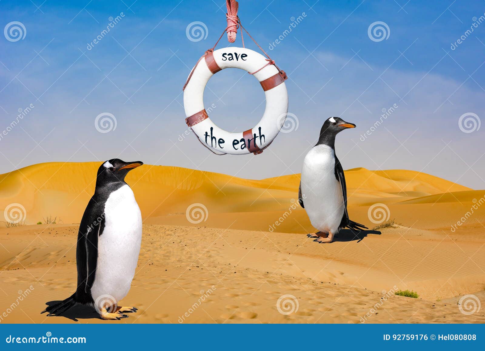 Stop Global Warming - Two Penuins in Desert of Namibia with Lifebelt ...