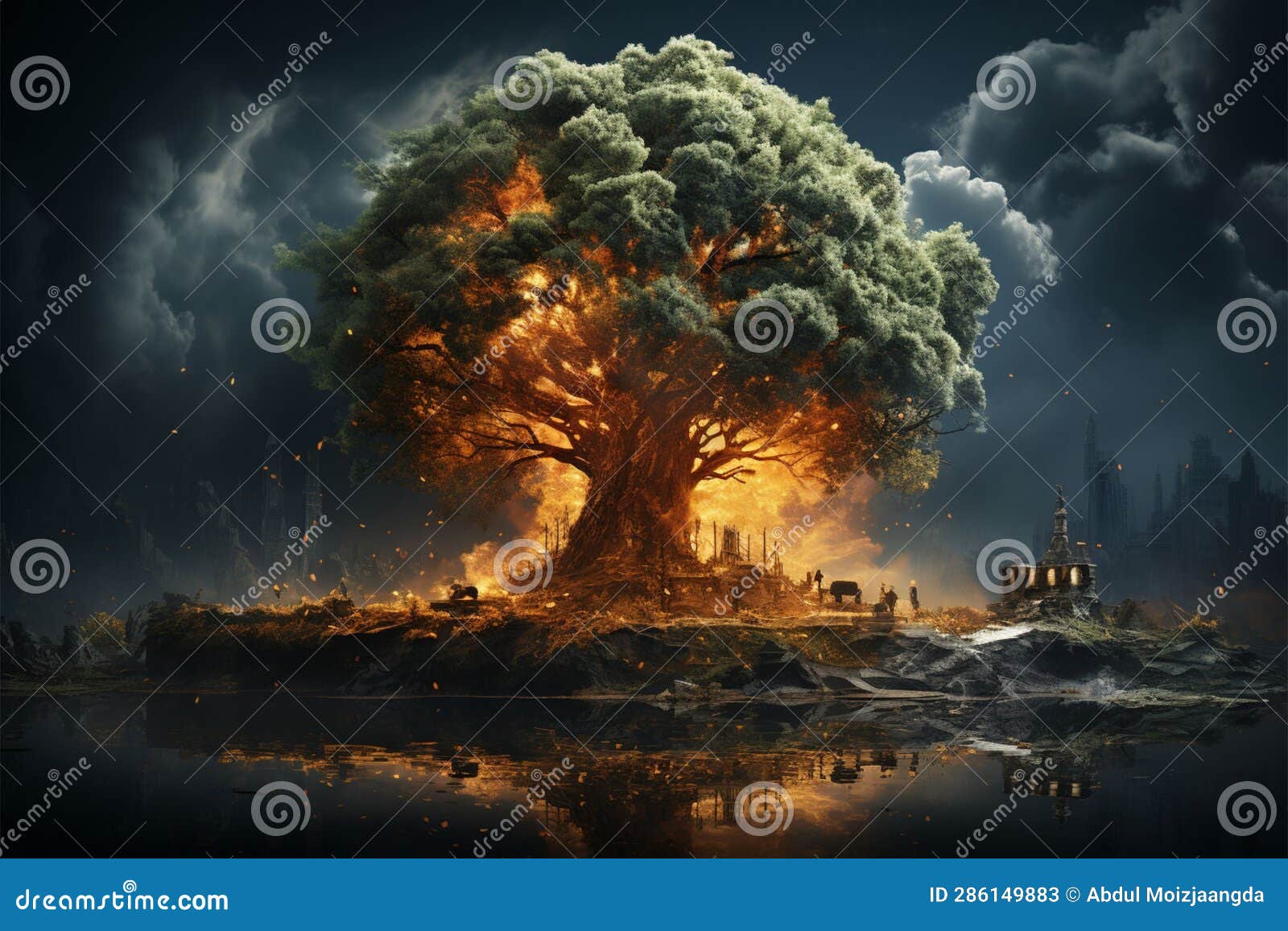 Global Warming Split Scene, Polluted Tree-headed Human, Opposite Side ...
