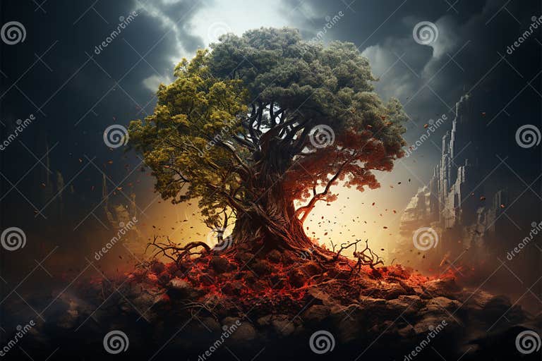 Global Warming Split Scene, Polluted Tree-headed Human, Opposite Side ...