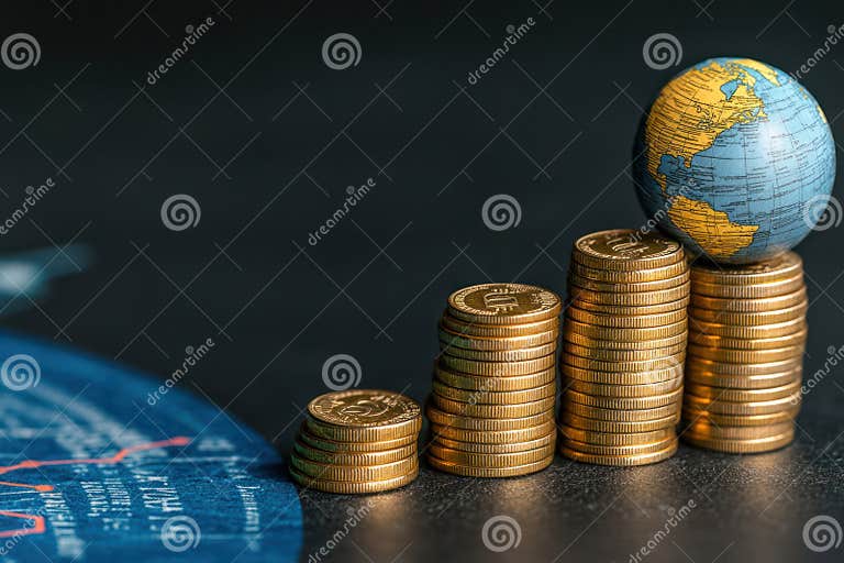 Global Wealth: Coins Stacked on Globe Symbolizing Financial Power and ...