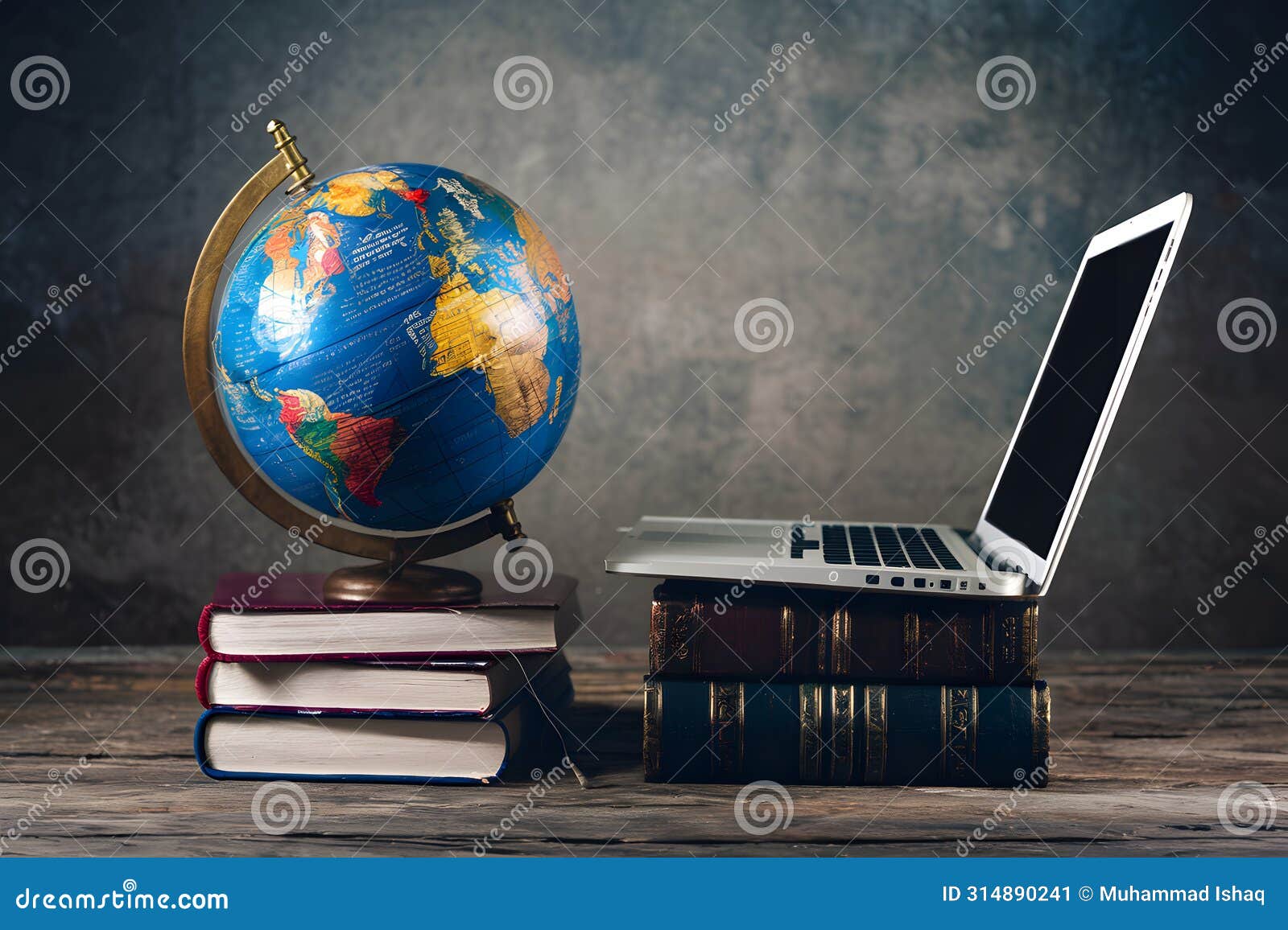 Globalization Concept with Globe and Laptop on Books Pile, Representing ...