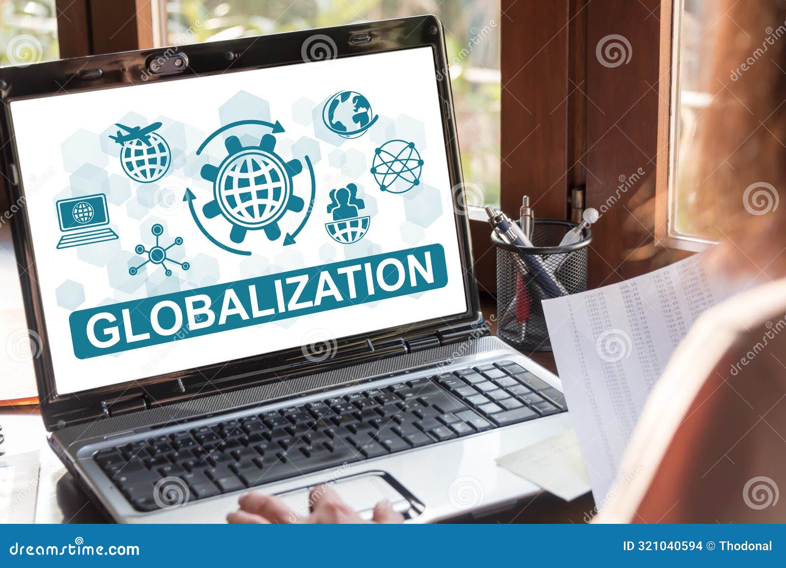 Globalization Concept on a Laptop Screen Stock Photo - Image of global ...