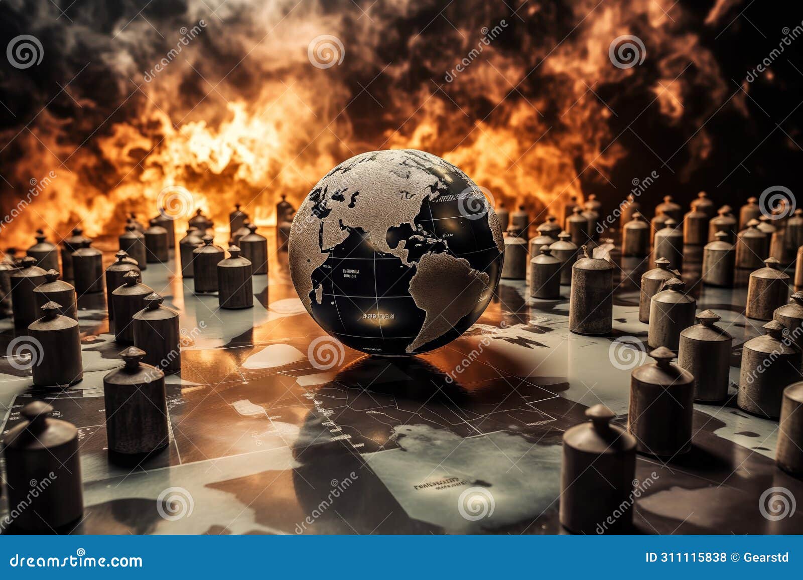 Globe Amidst Fire and Pawns on Map Stock Photo - Image of catastrophe ...