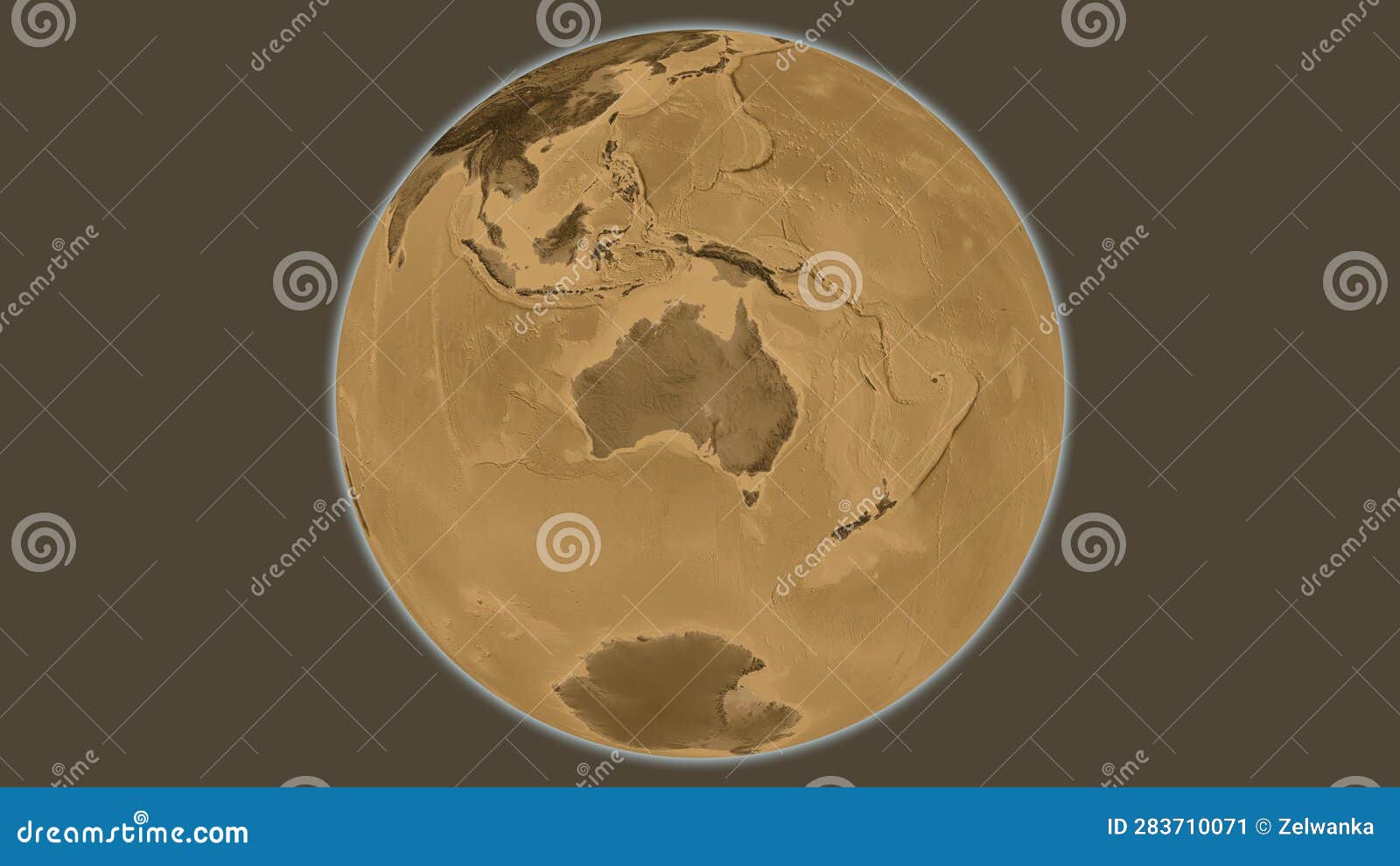 Globe Centered on Australia. Sepia Elevation Map Stock Illustration ...