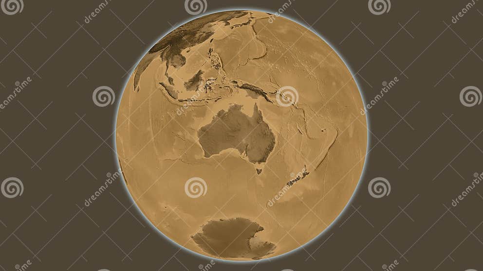 Globe Centered on Australia. Sepia Elevation Map Stock Illustration ...