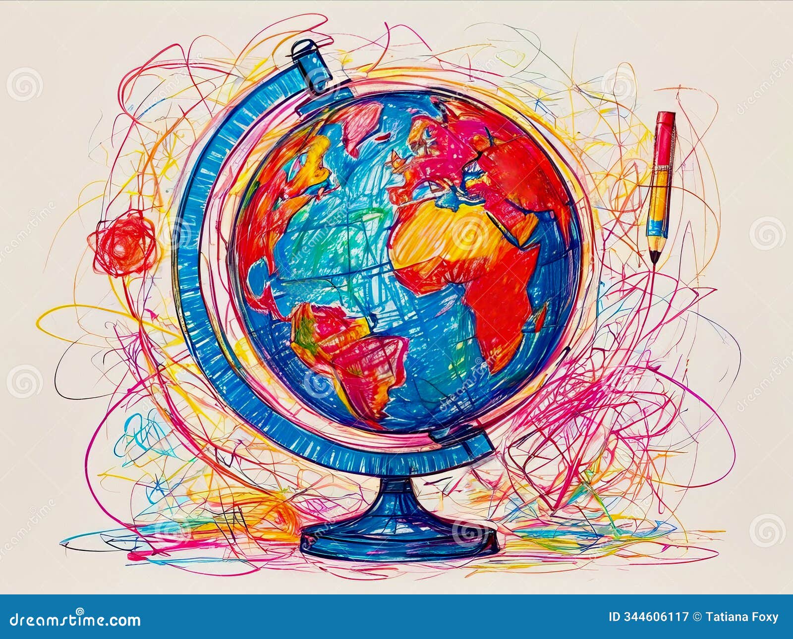 Globe in Chaotic Wax Crayon Drawing Style Stock Image - Image of ...