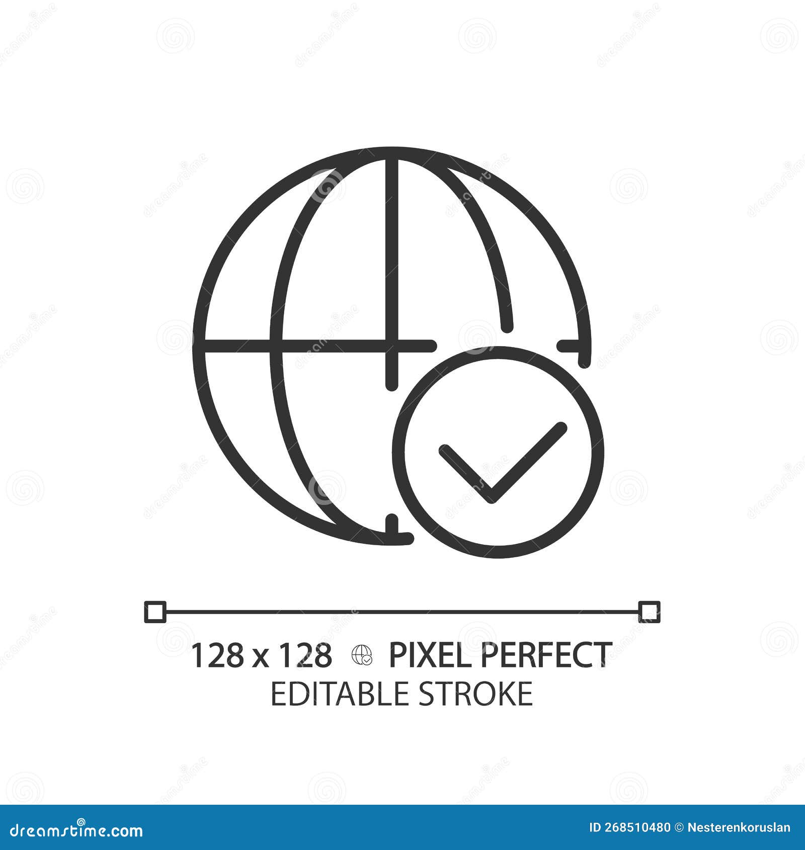 Globe with Check Mark Pixel Perfect Linear Icon Stock Vector ...