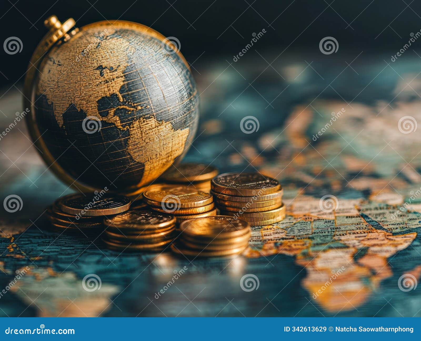 Globe and Coins on a Map, Representing Global Finance, Generative AI ...