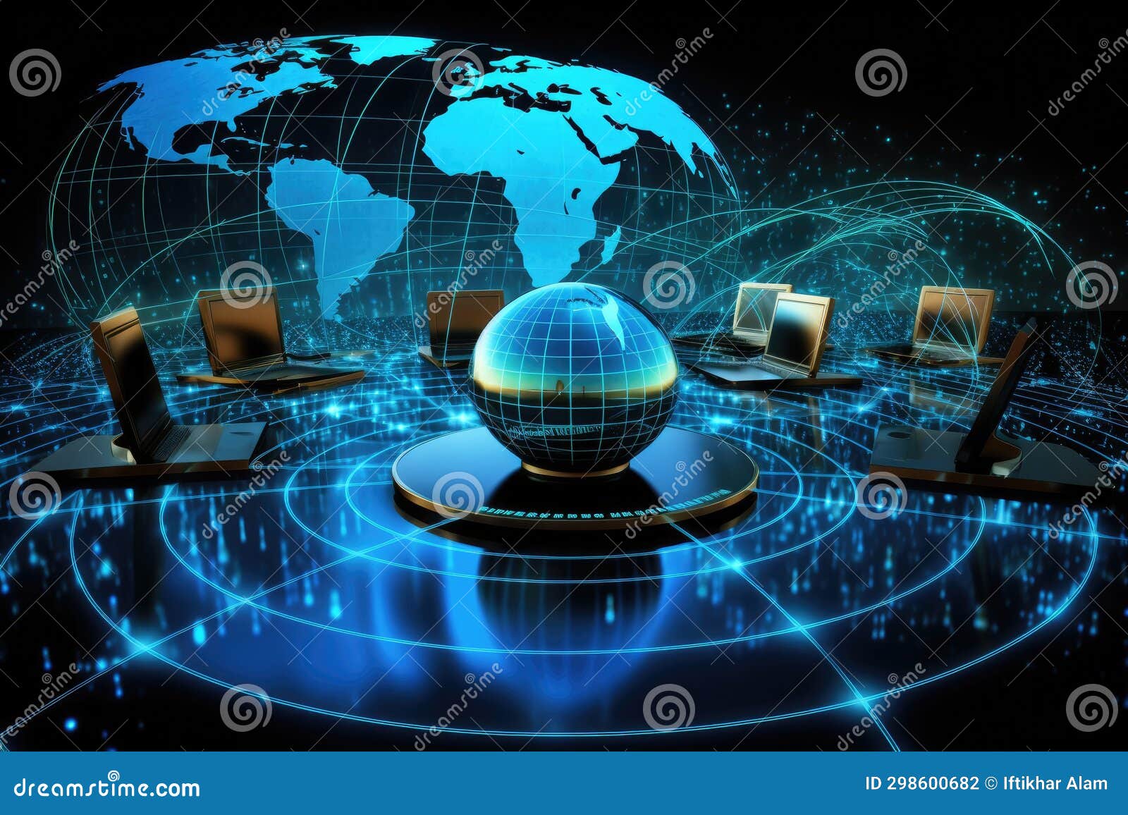 Globe and Computers in Abstract Background. 3d Illustration Stock ...