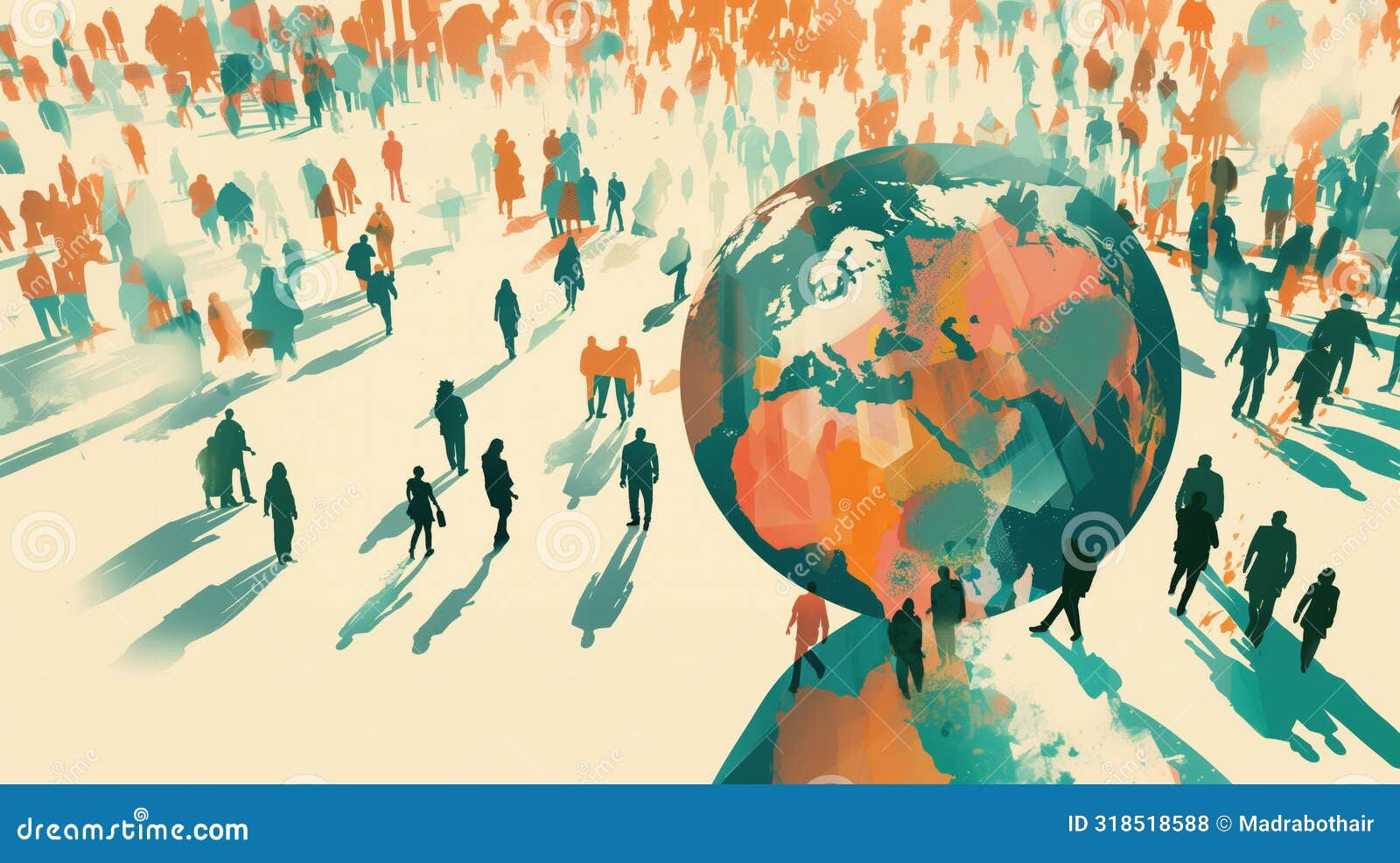 A Globe with Crowds of People, Walking Around, Graphic Illustration ...