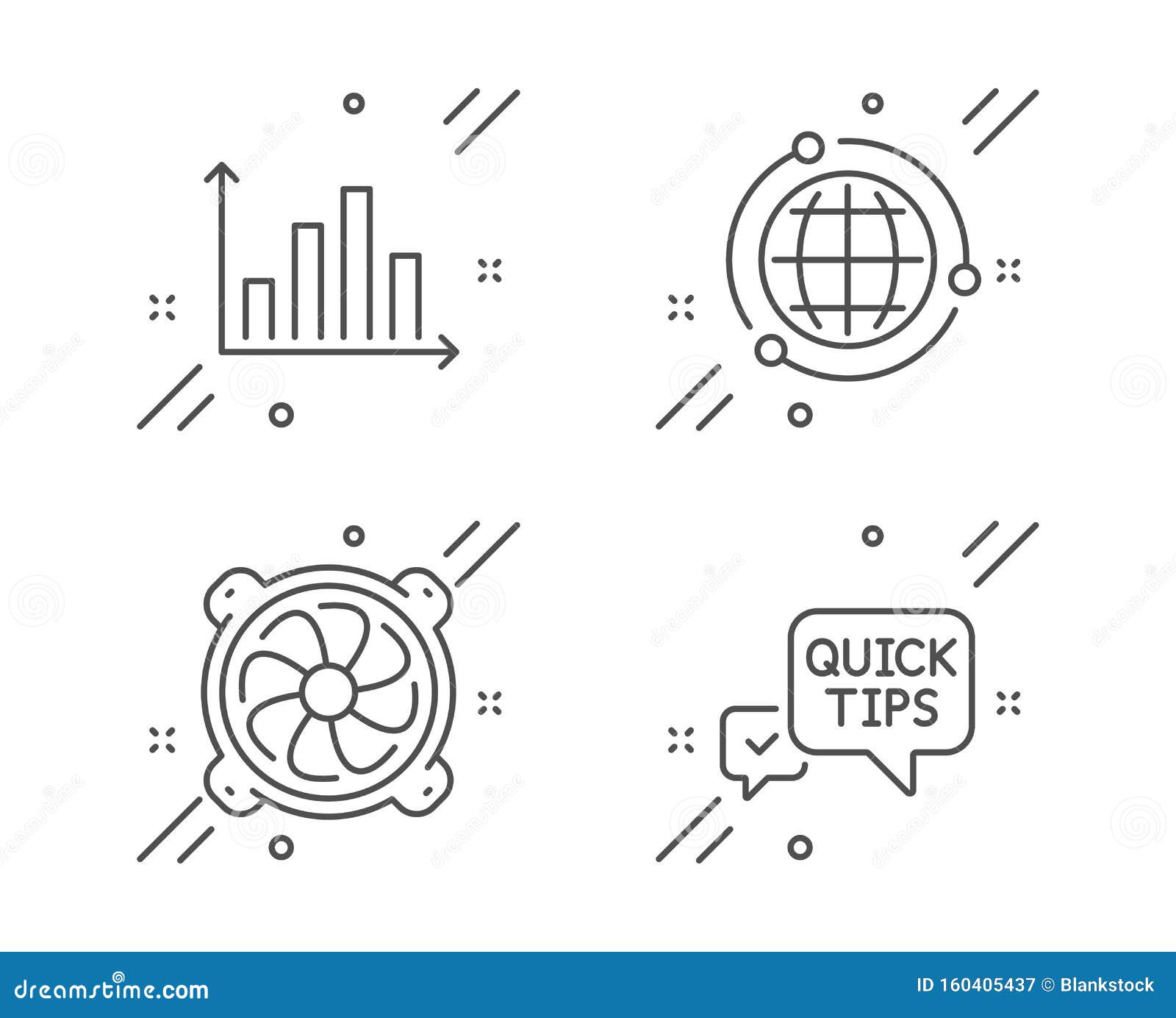 Globe, Diagram Graph and Computer Fan Icons Set. Quick Tips Sign ...