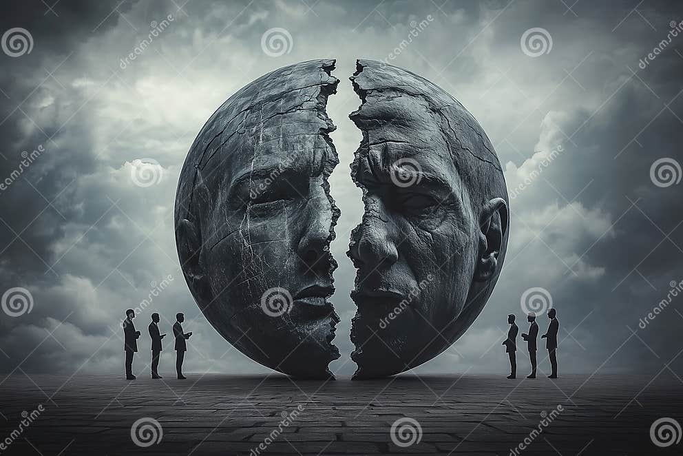 A Globe is Divided, Displaying Human Faces within Its Halves Under a Cloudy Sky, Symbolizing ...