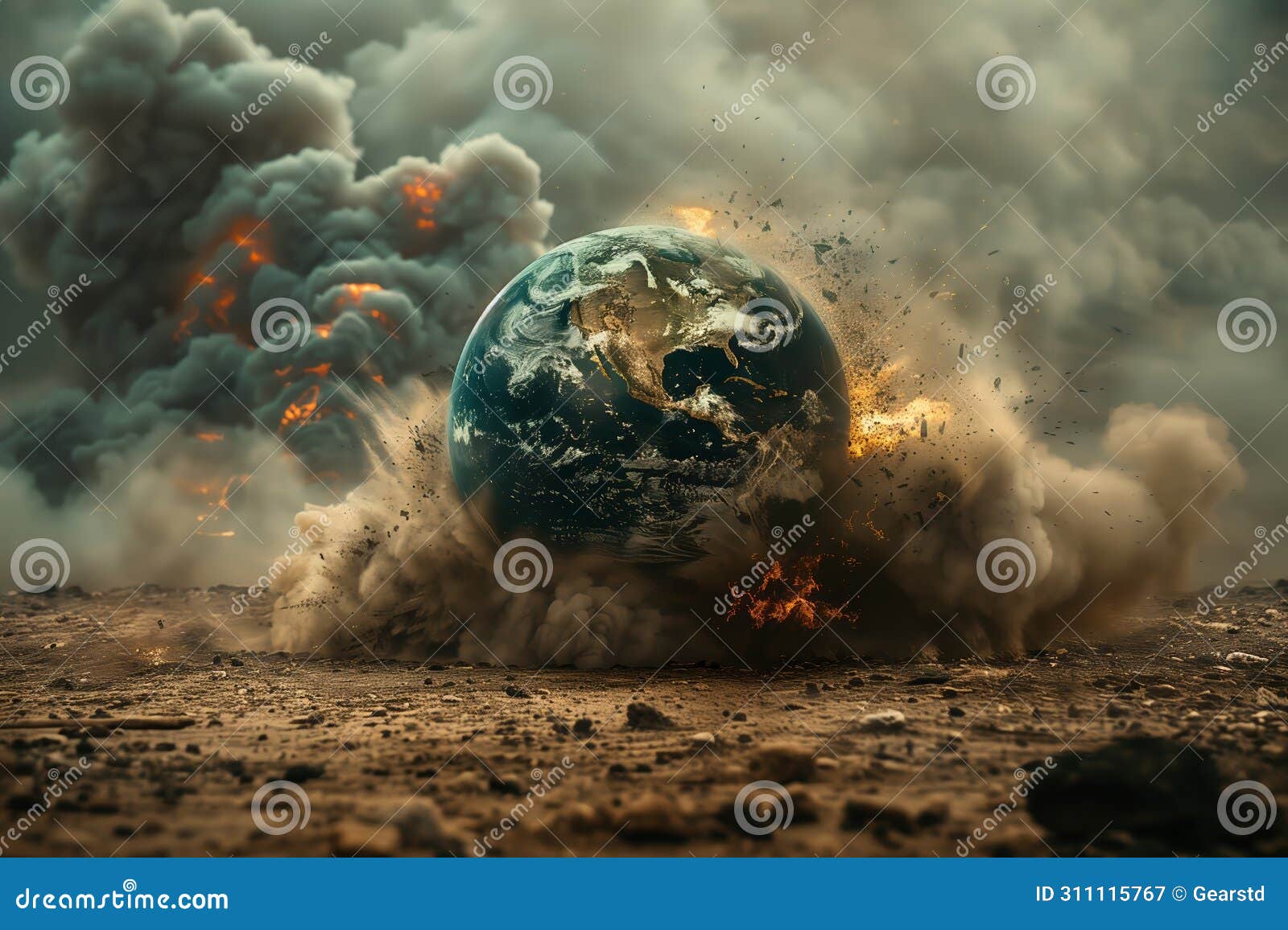 Globe in Explosive Environmental Disaster Scene Stock Image - Image of ...