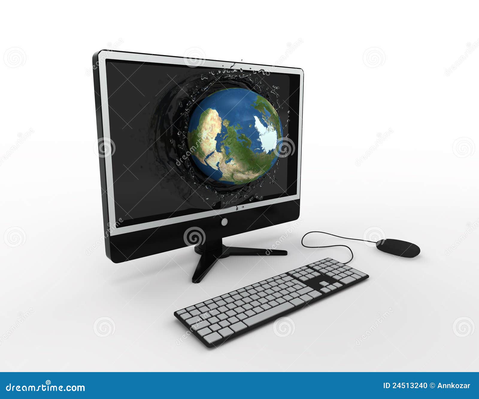 Globe Falling with Splashes into the Computer Moni Stock Photo - Image ...