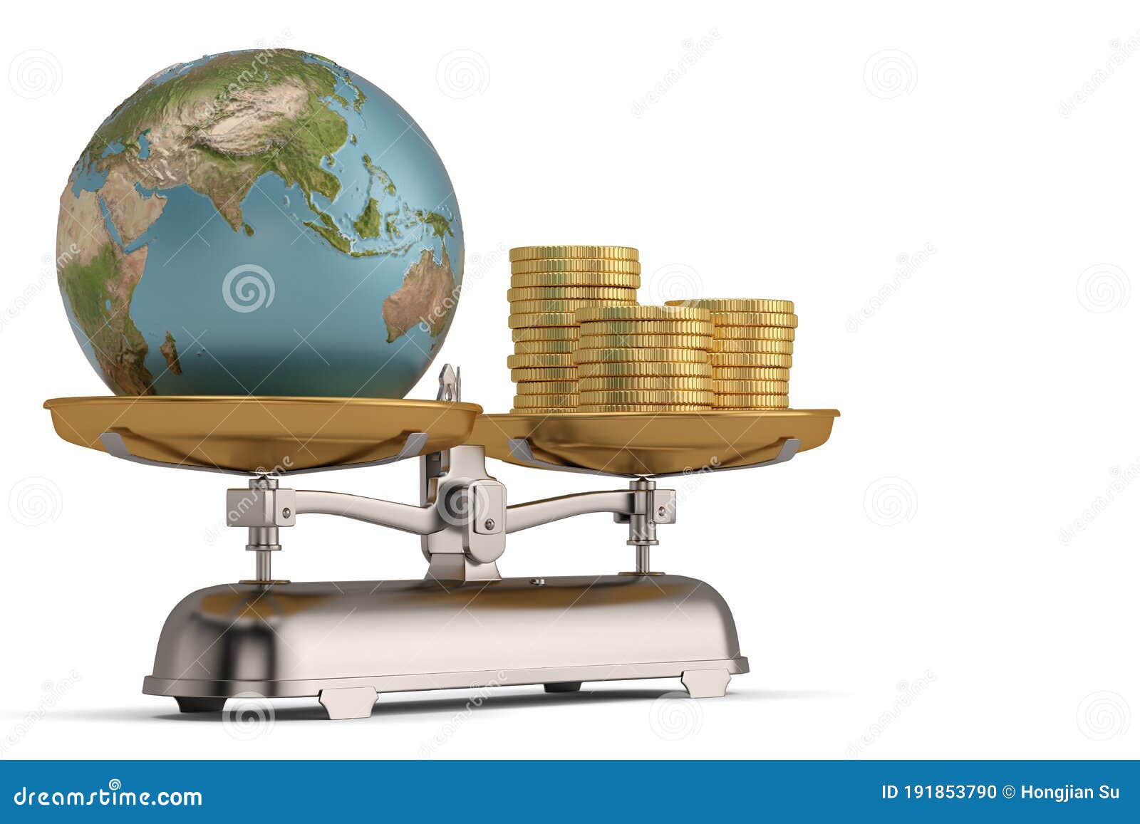Globe with Gold Coins on Scales. 3D Illustration Stock Illustration ...