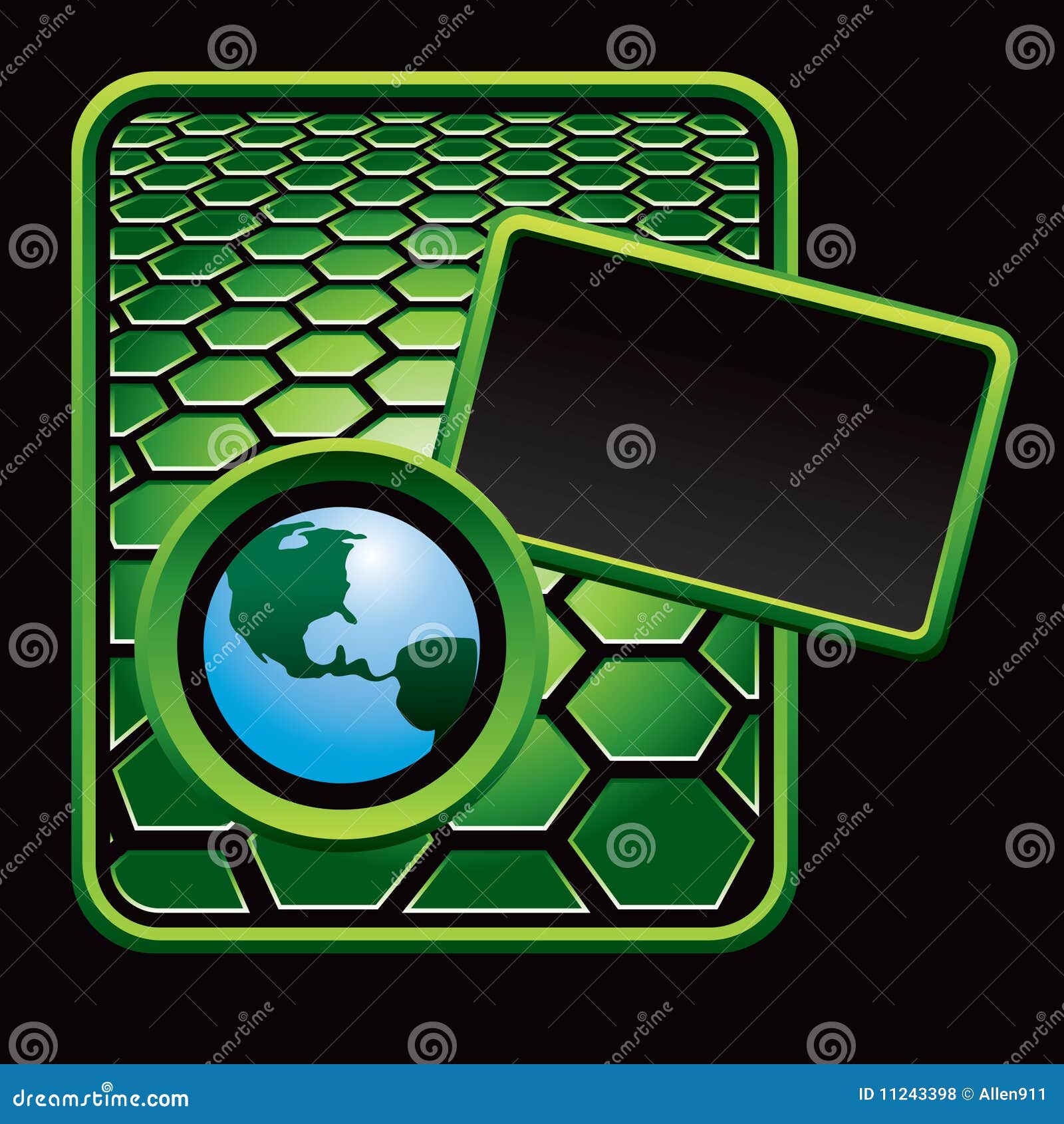 Globe on Green Hexagon Advertisement Stock Vector - Illustration of ...