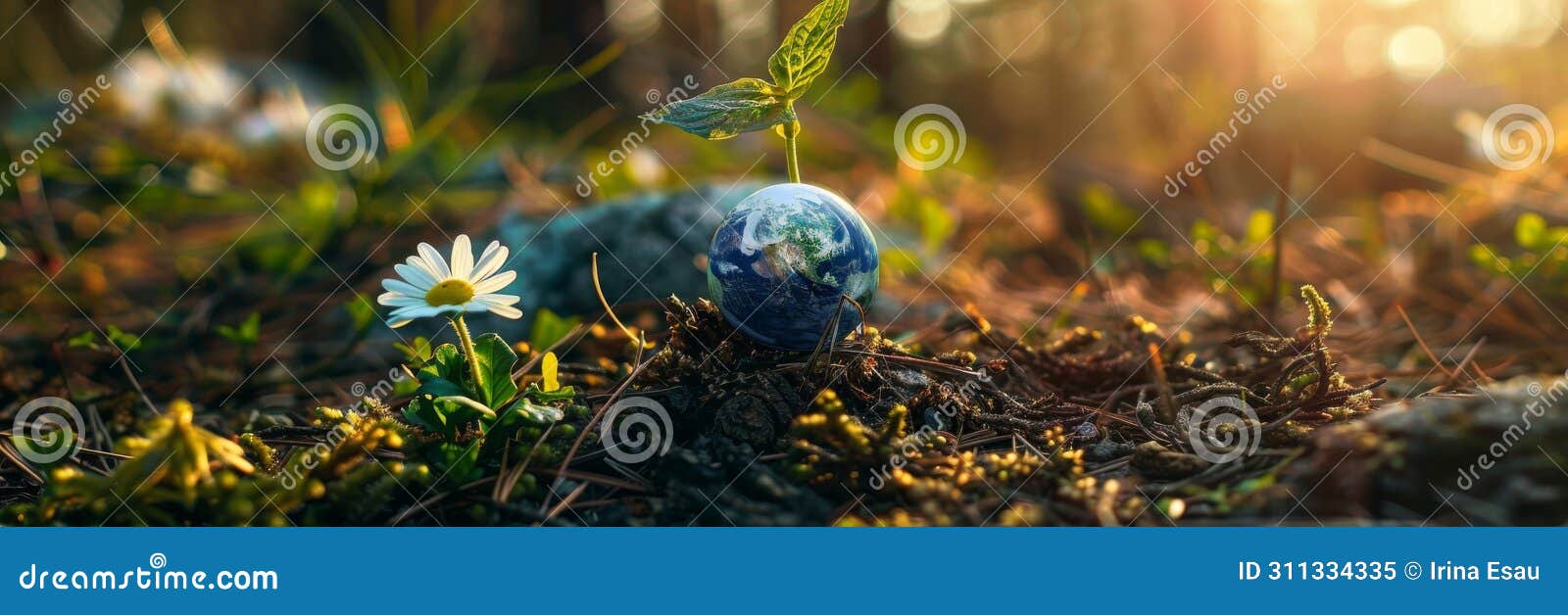 Globe on Ground with Tree Sapling, Forest Background Stock Image ...
