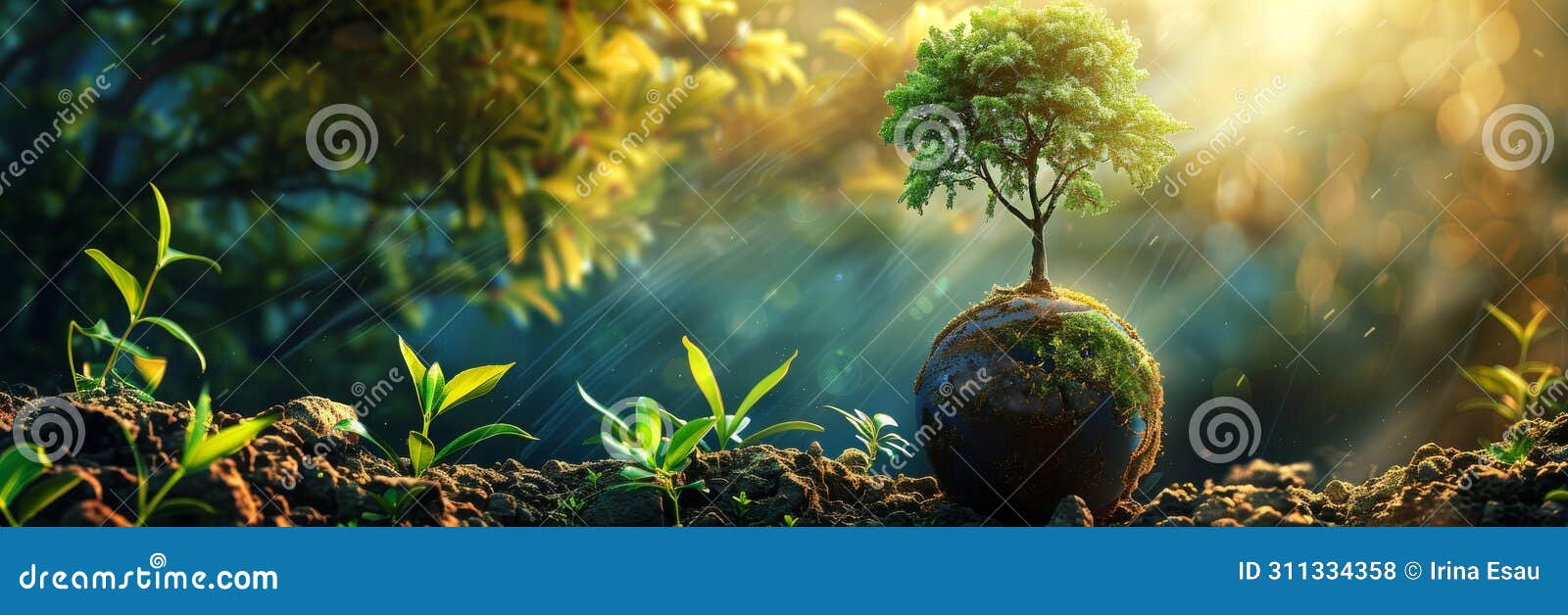 Globe on Ground with Tree Sapling, Forest Background Stock Photo ...
