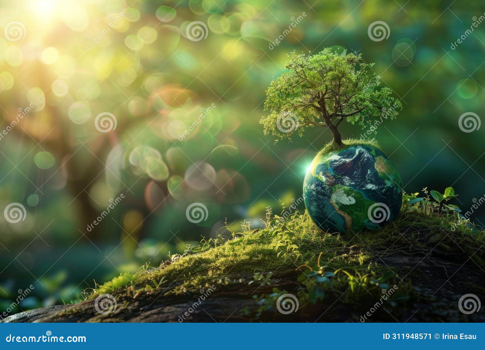 Globe on Ground with Tree Sapling, Forest Background Stock Image ...