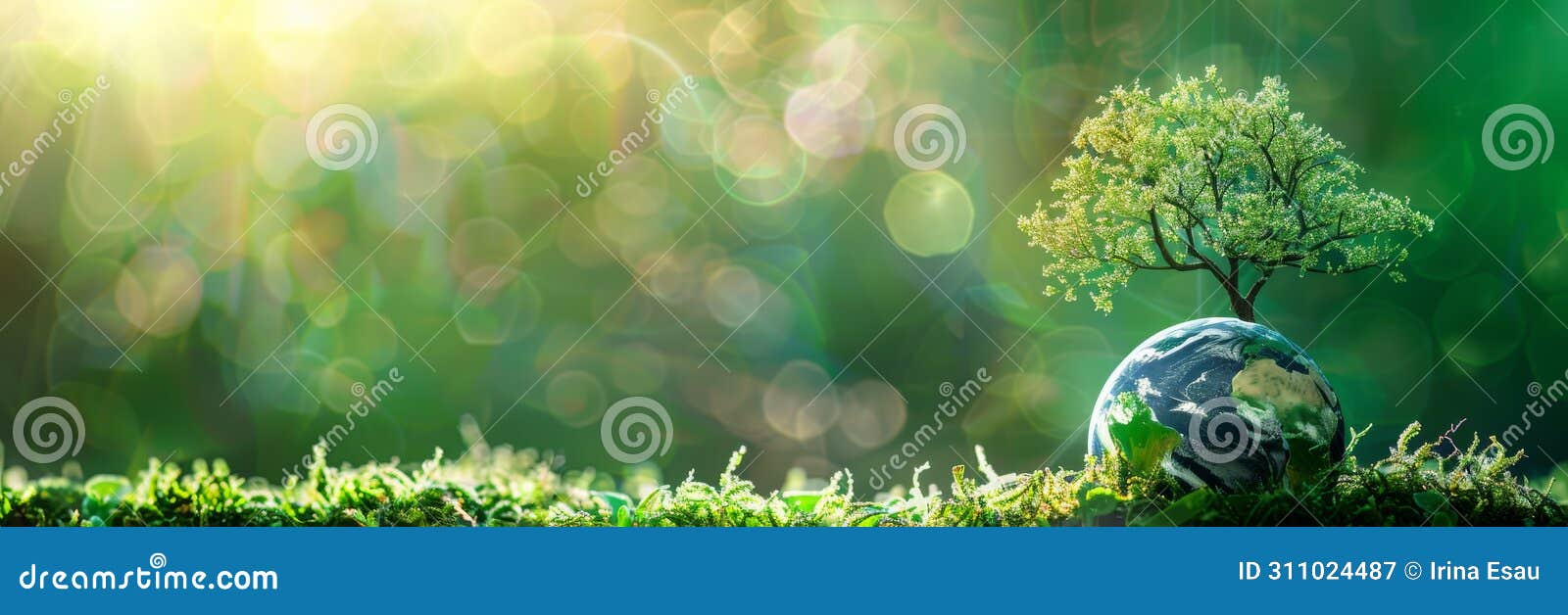 Globe on Ground with Tree Sapling, Forest Background Stock Image ...