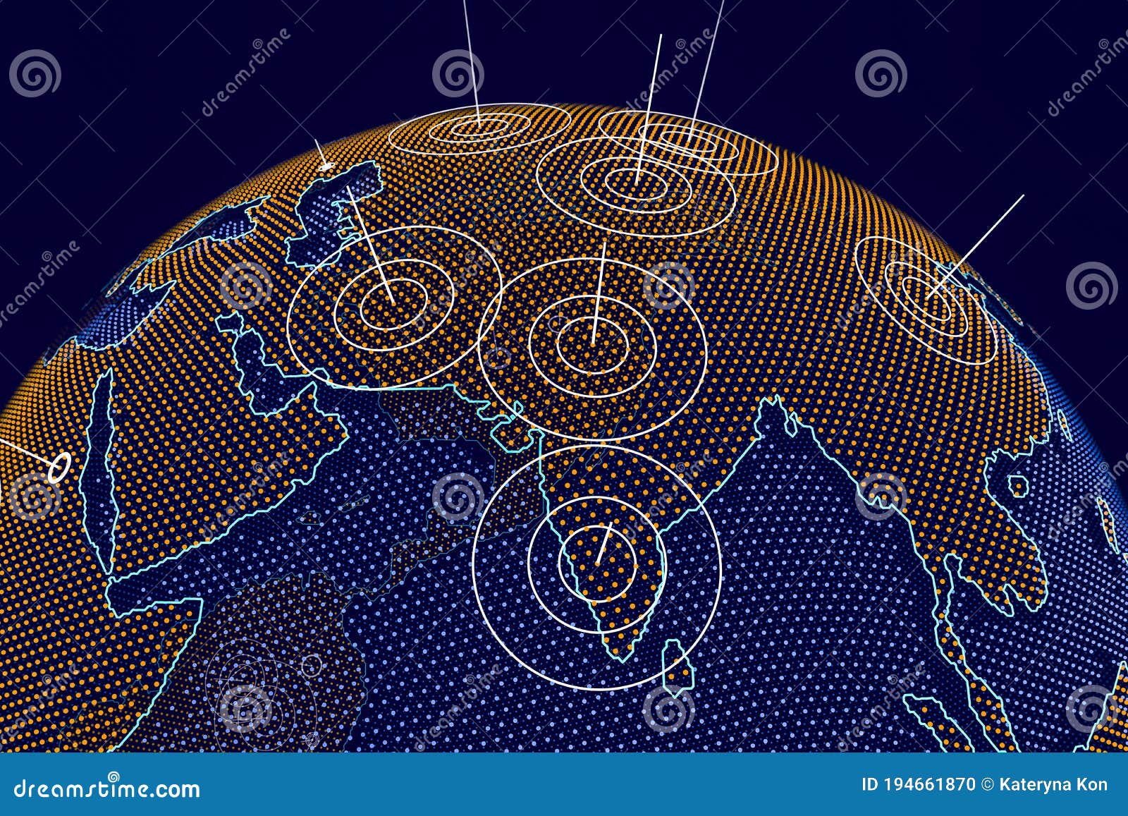 Globe with Highlighted Continents and Pointer Marks Stock Illustration ...
