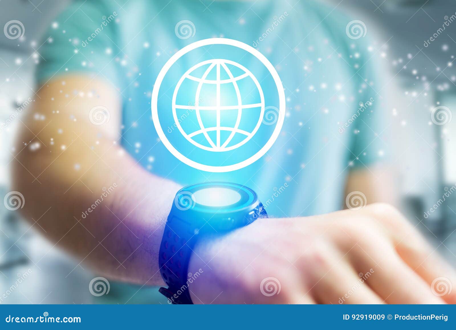 Globe Icon Going Out a Smartwatch Interface - Technology Concept Stock ...