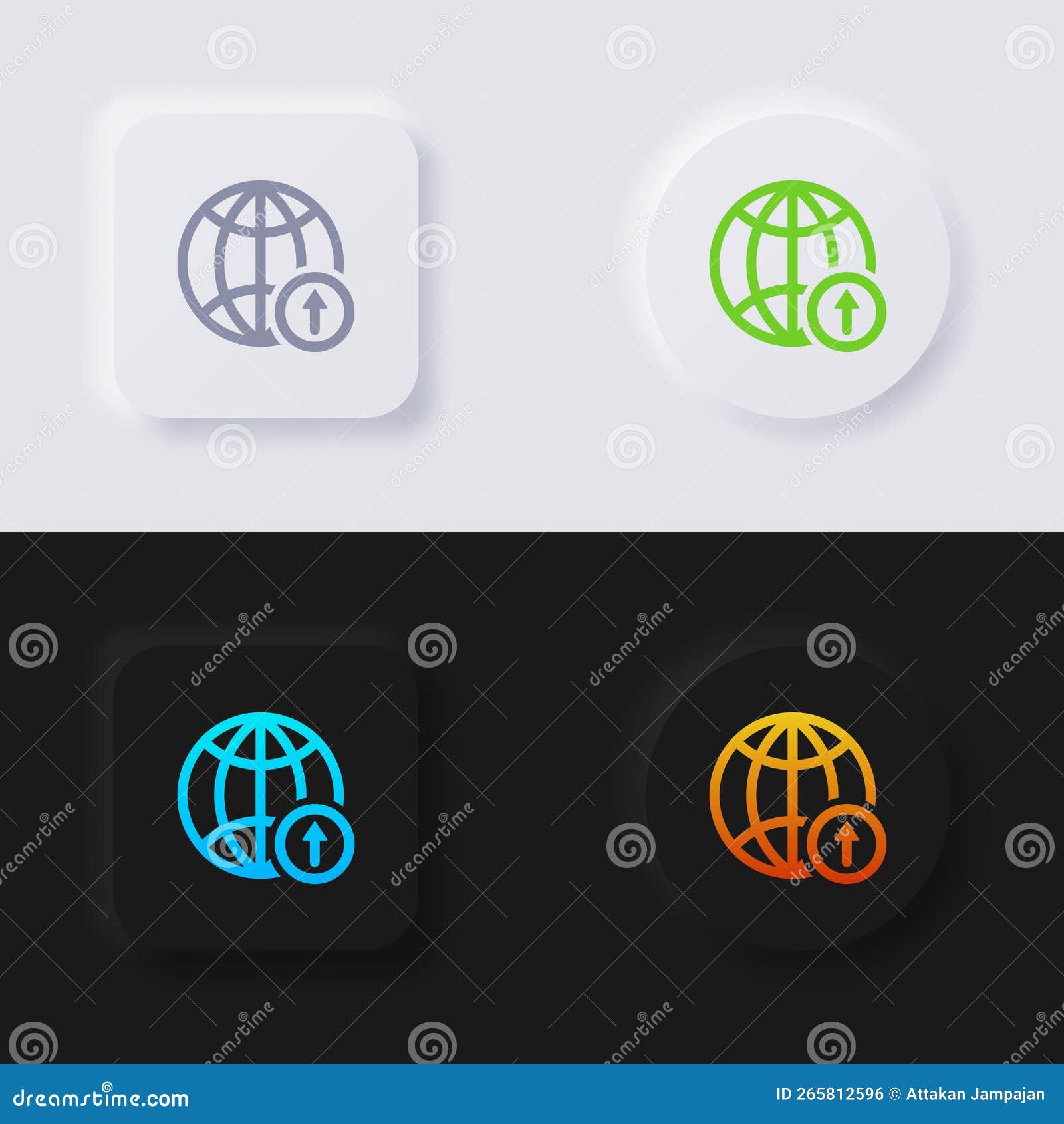 Globe Icon With Upload Arrow Symbol Icon Set Multicolor Neumorphism Button Soft Ui Design