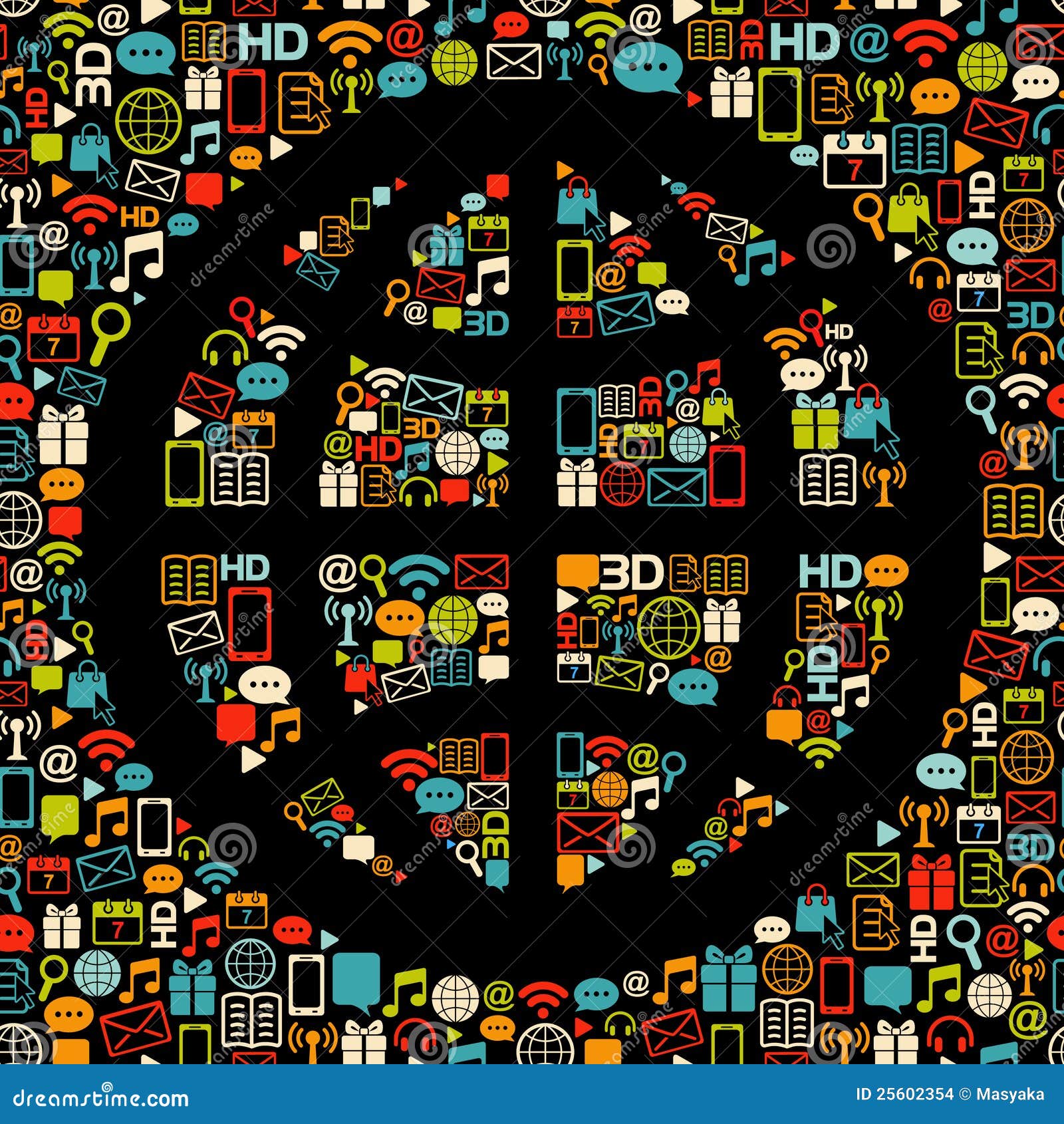 Globe Made from Colorful Icons on Black Stock Vector - Illustration of ...