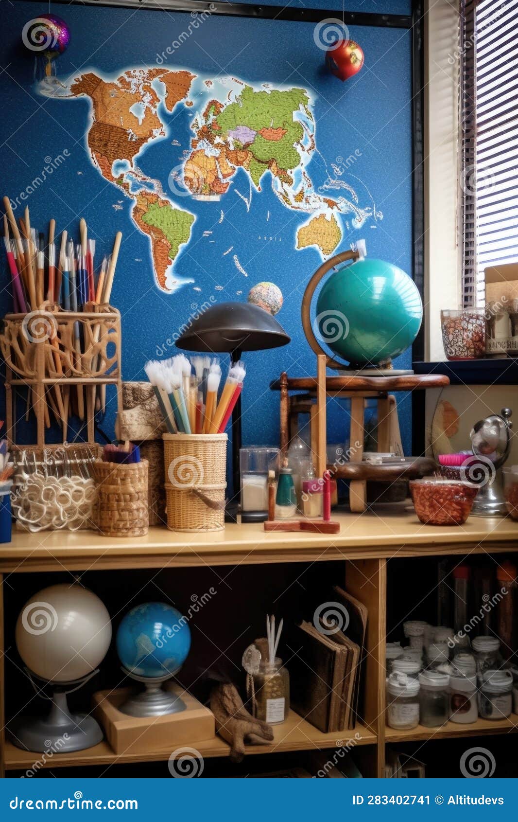 A Globe, Microscope, and Other Classroom Learning Tools on a Shelf ...