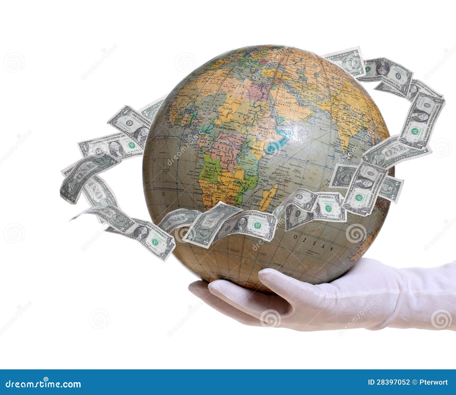 Globe With Money In Orbit In Hand With Glove Stock Photo - Image: 28397052