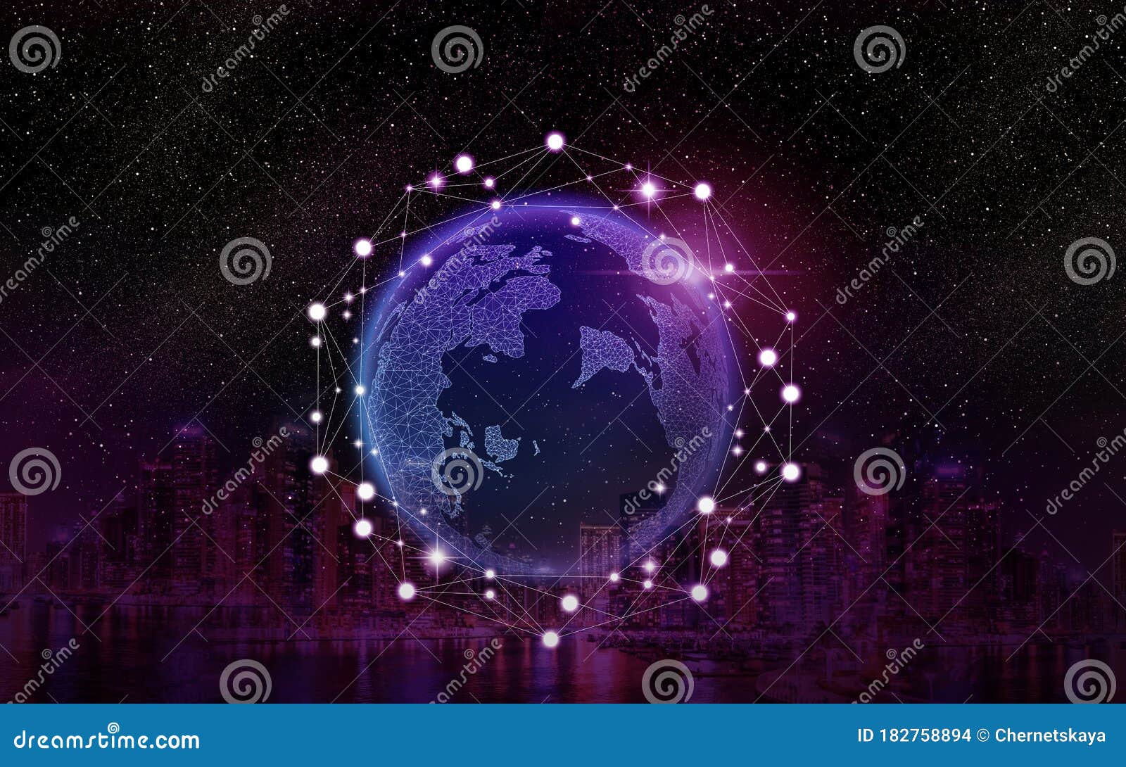 Globe with Network Connection Lines and City. Modern Technology Stock ...