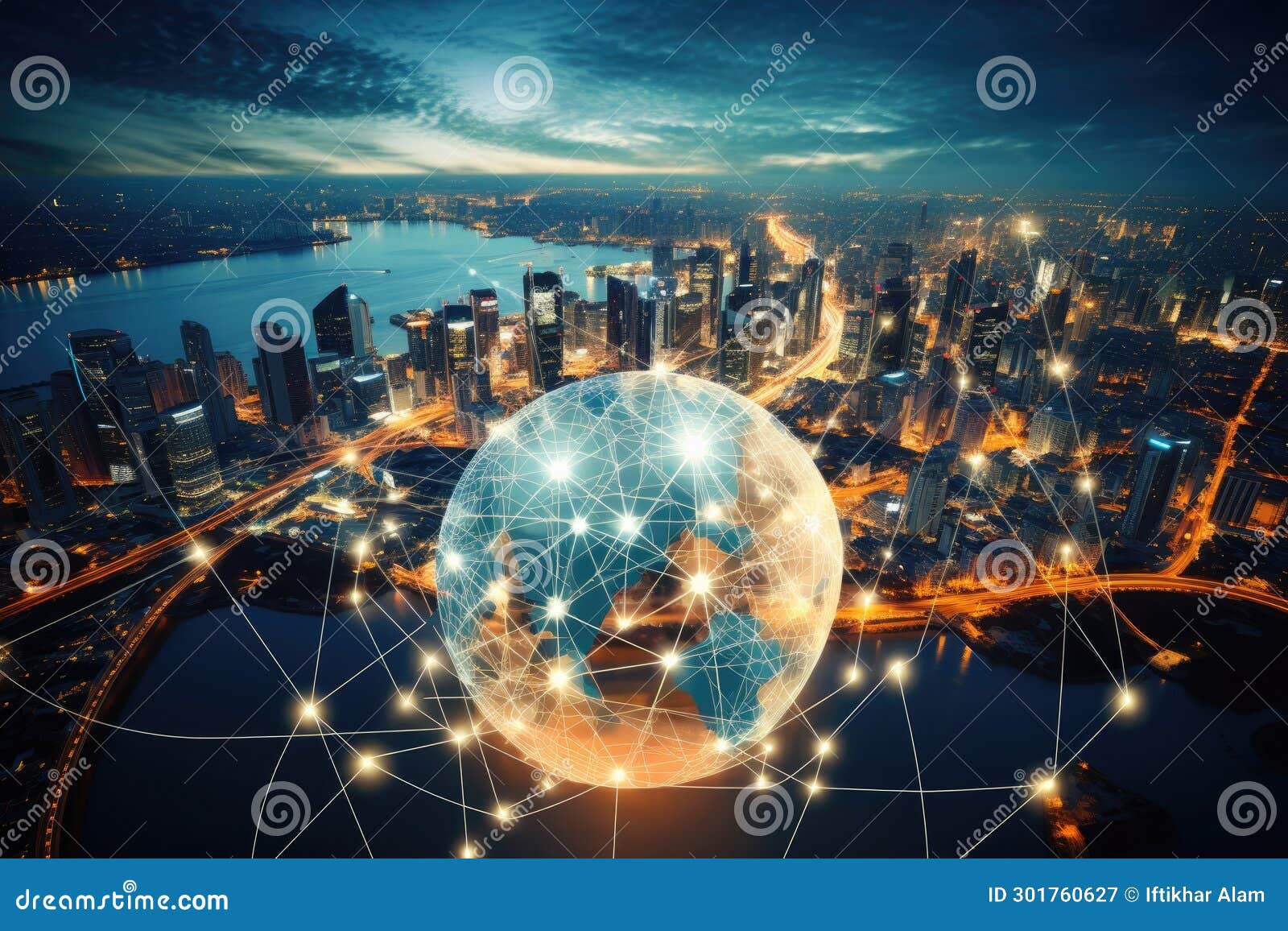 Globe and Network Connection Over Cityscape Background. Globalization ...