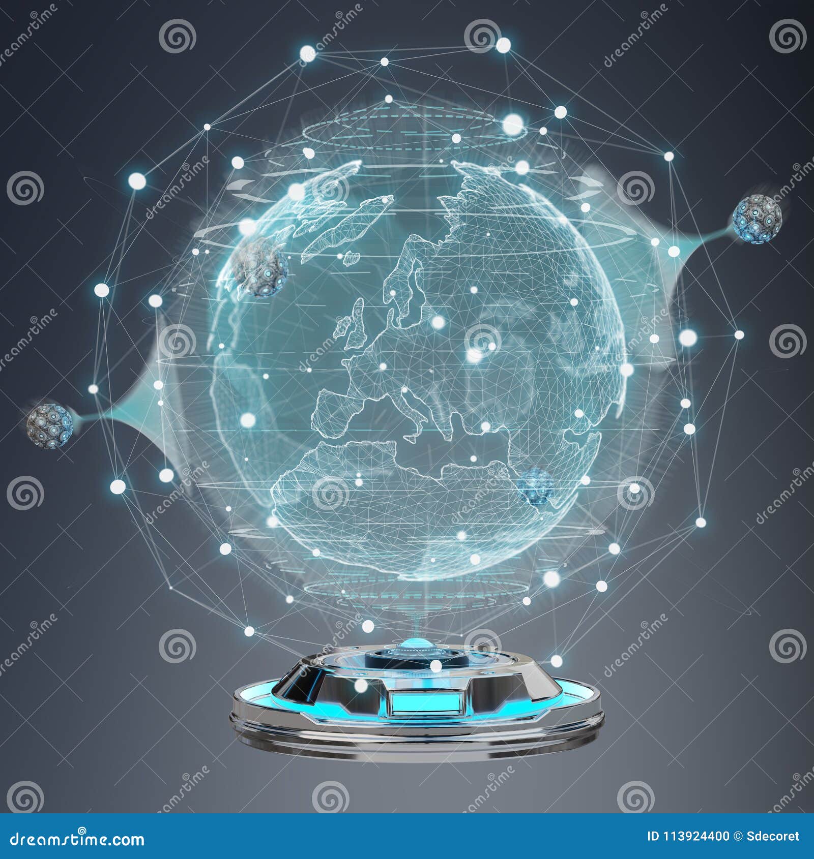 Globe Network Hologram Projector with Digital Connection 3D Rend Stock ...