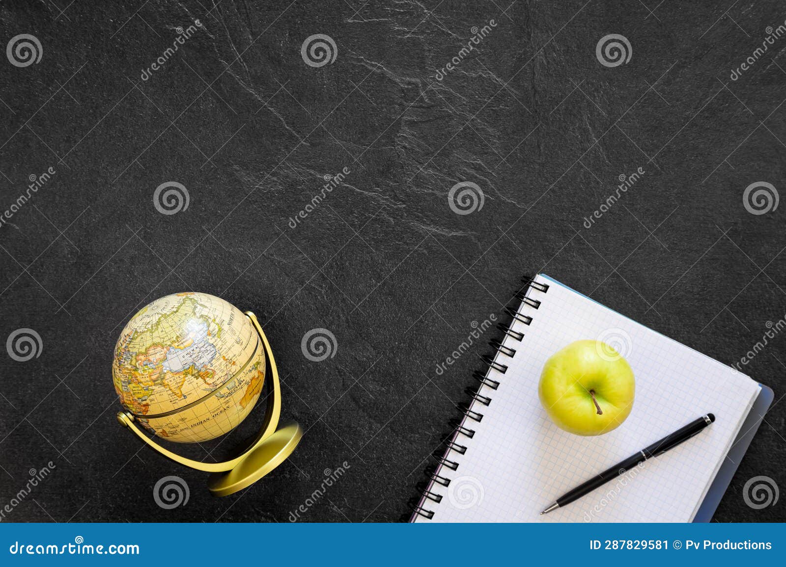 Globe, Notepad and Apple on Black Background, Top View. Stock Image ...
