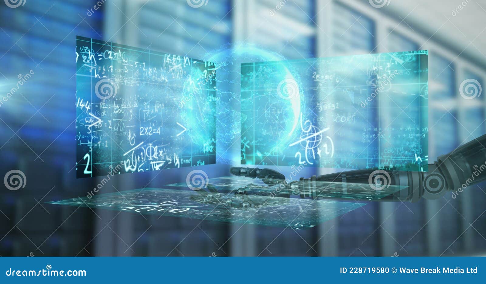 Globe Over Robotic Hand and Screens with Mathematical Equations Against ...