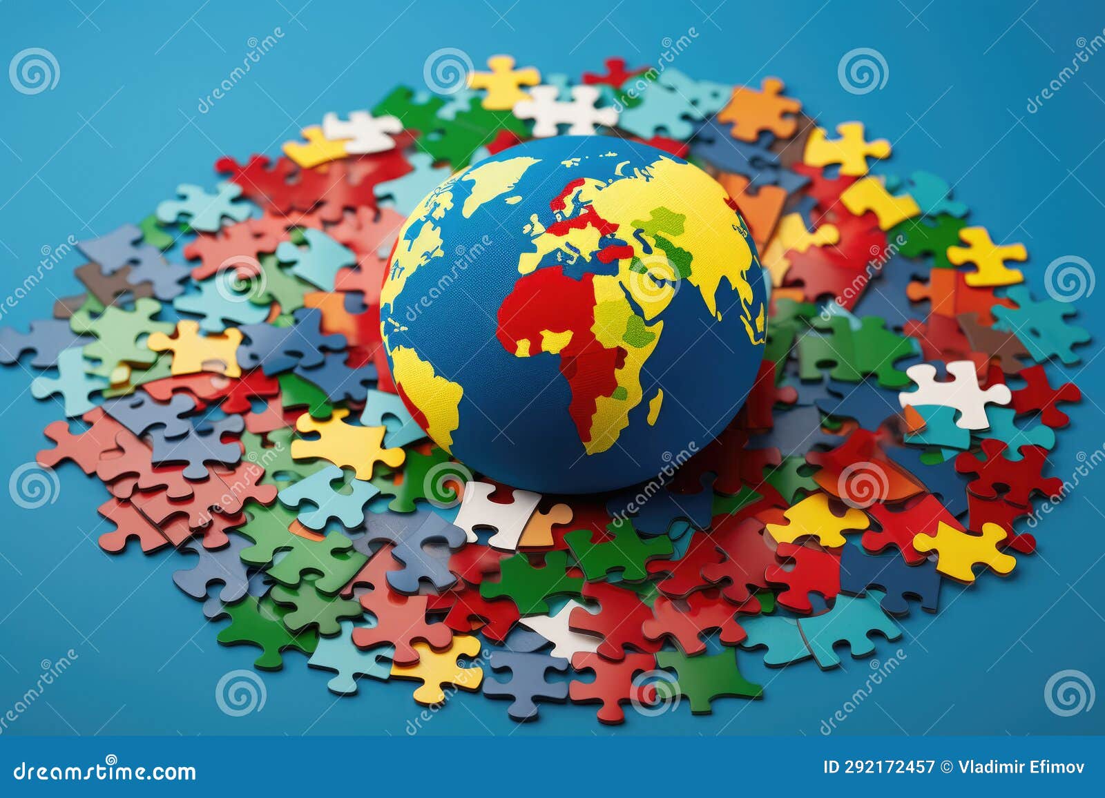 Globe with Puzzle Pieces Surrounding it, Placed on Blue Surface. this ...