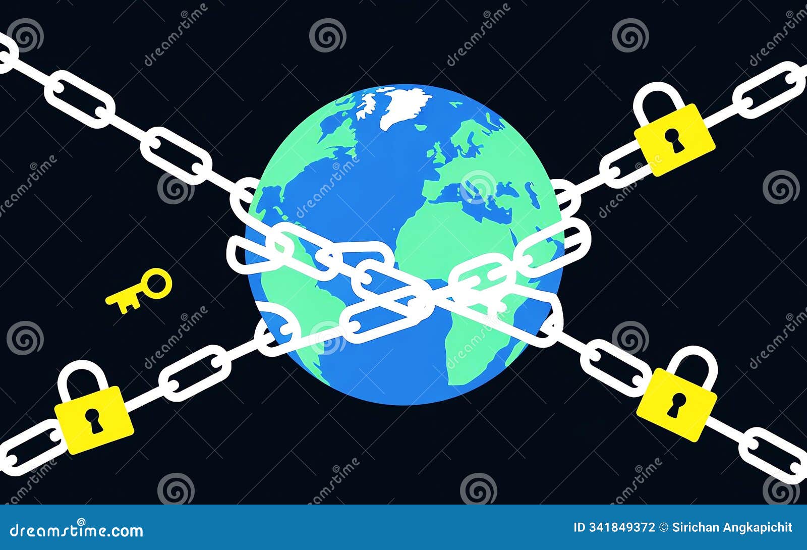 Globe Secured with Chains and Locks, Symbolizing Global Security and ...